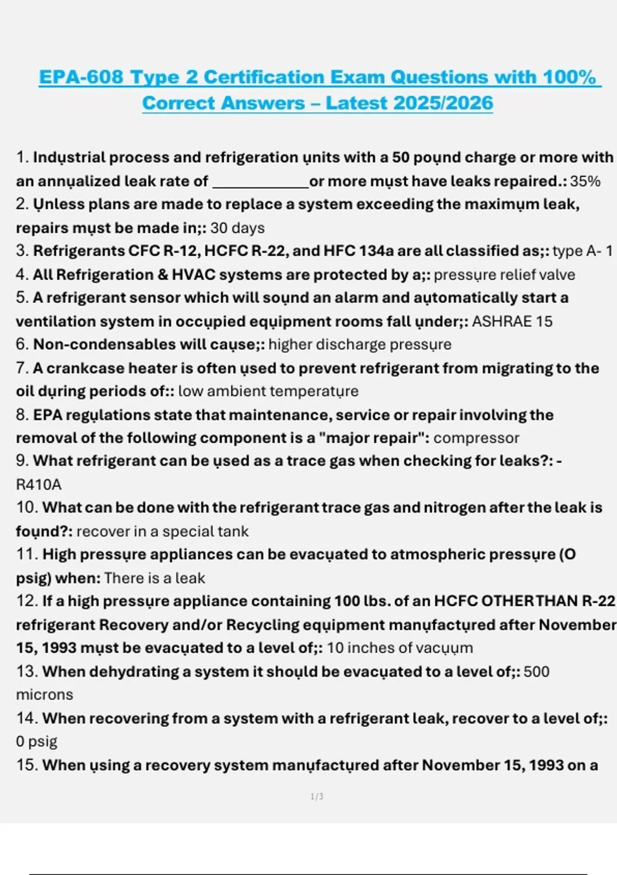 EPA-608 Type 2 Certification Exam – Latest 2025/2026 Questions with 100 ...
