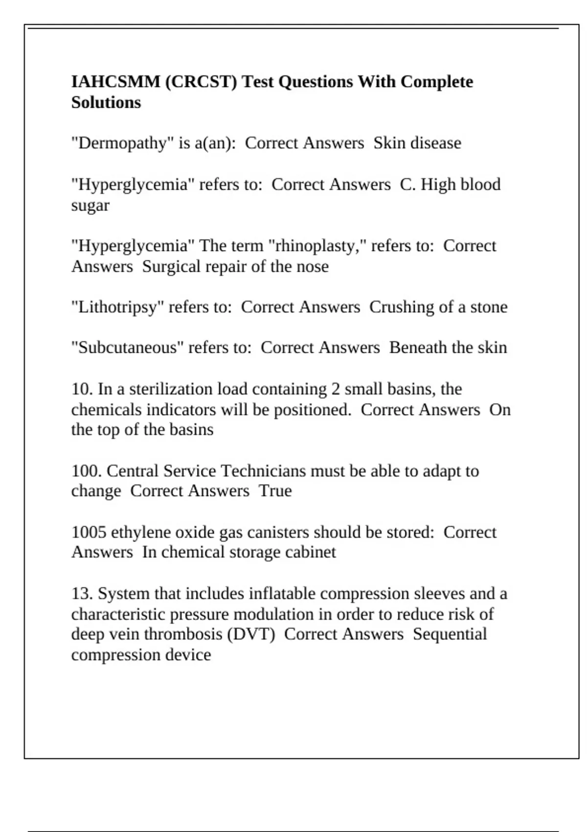 IAHCSMM (CRCST) Test Questions With Complete Solutions - CRCST - Stuvia US