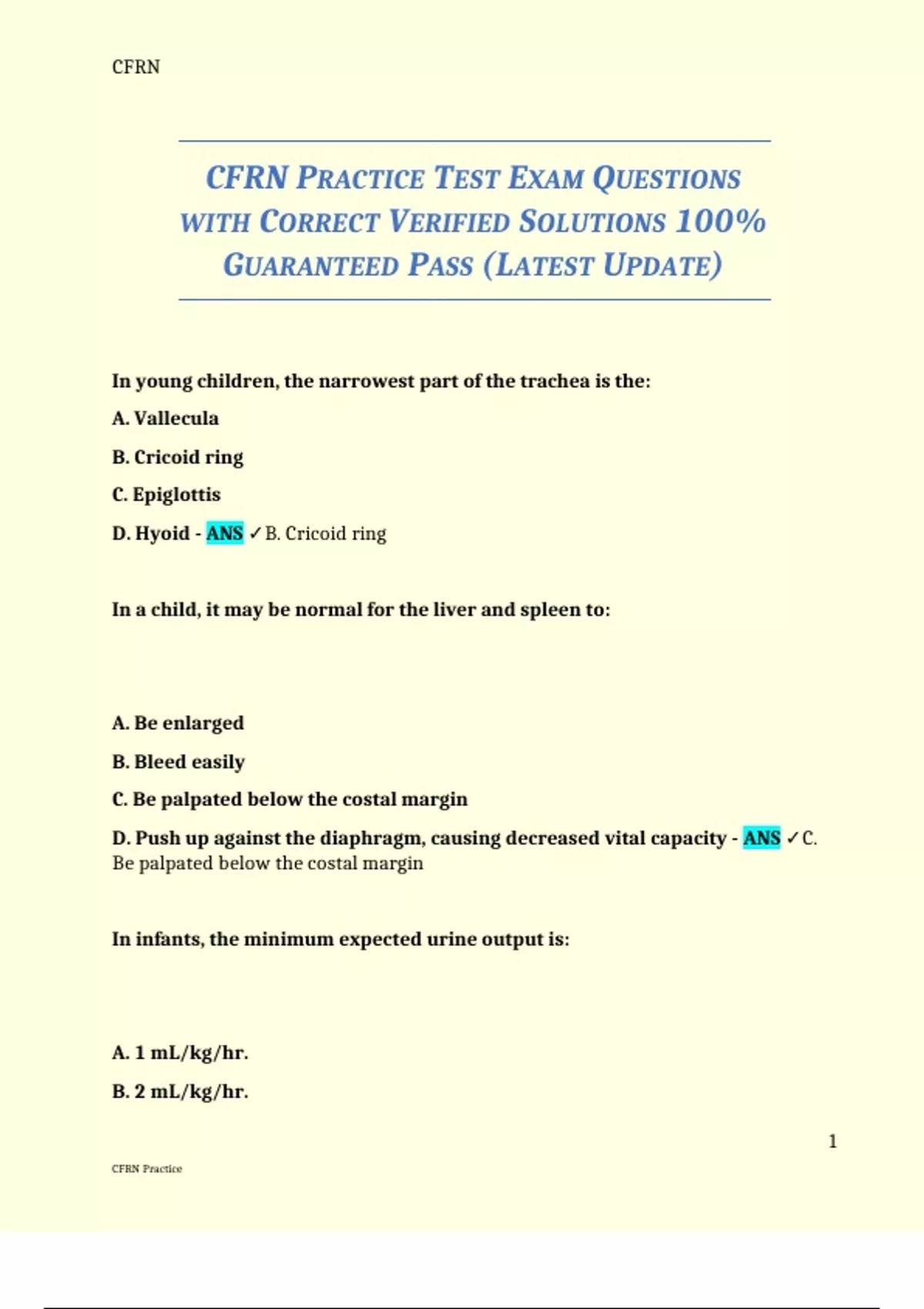 Cfrn Practice Test Exam Questions With Correct Verified Solutions 100