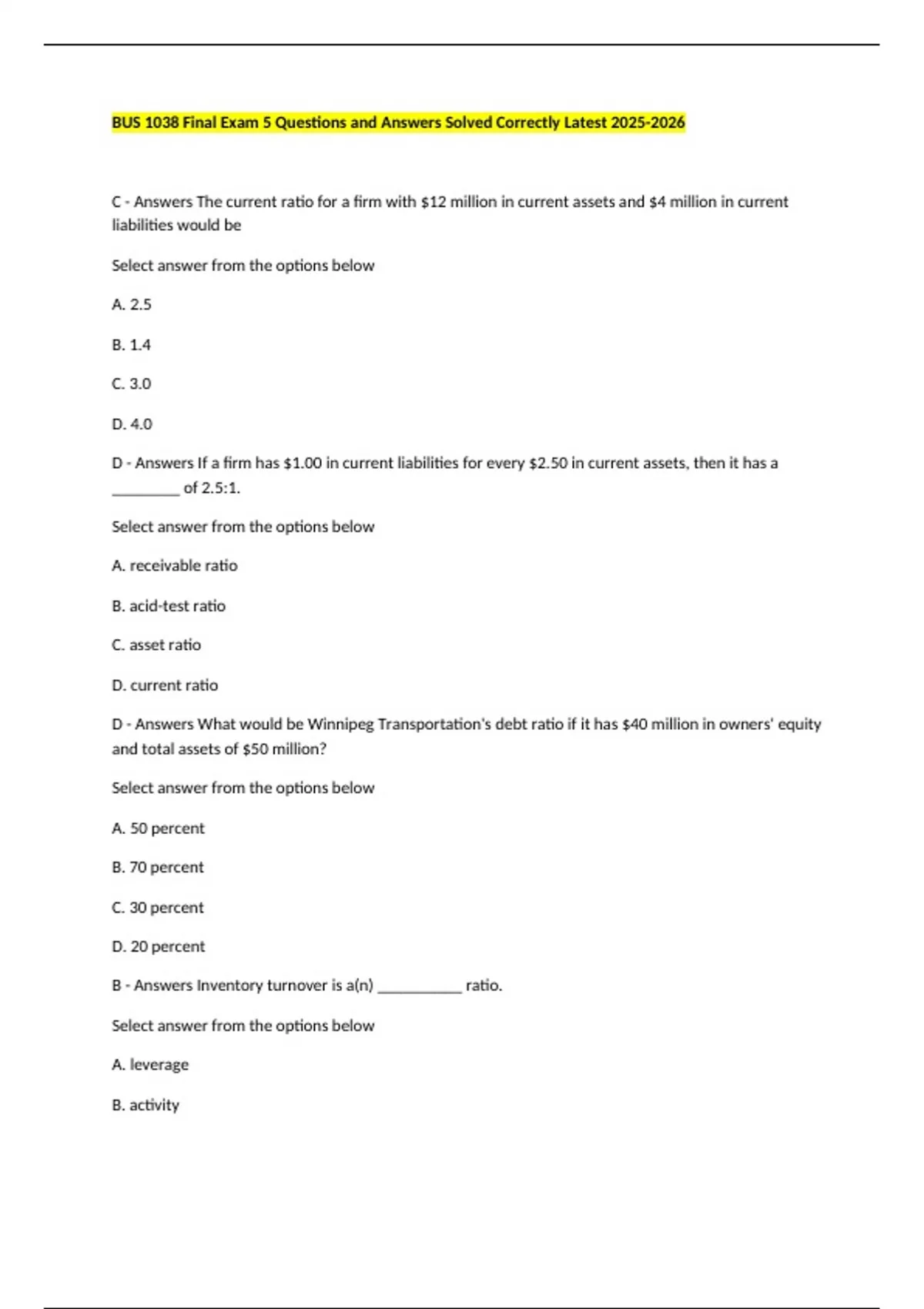 BUS 1038 Final Exam 5 Questions and Answers Solved Correctly Latest ...