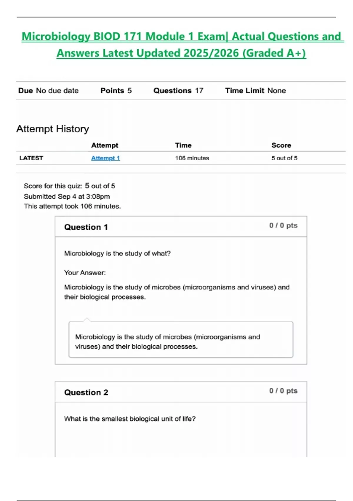Microbiology BIOD 171 Module 1 Exam| Actual Questions and Answers ...