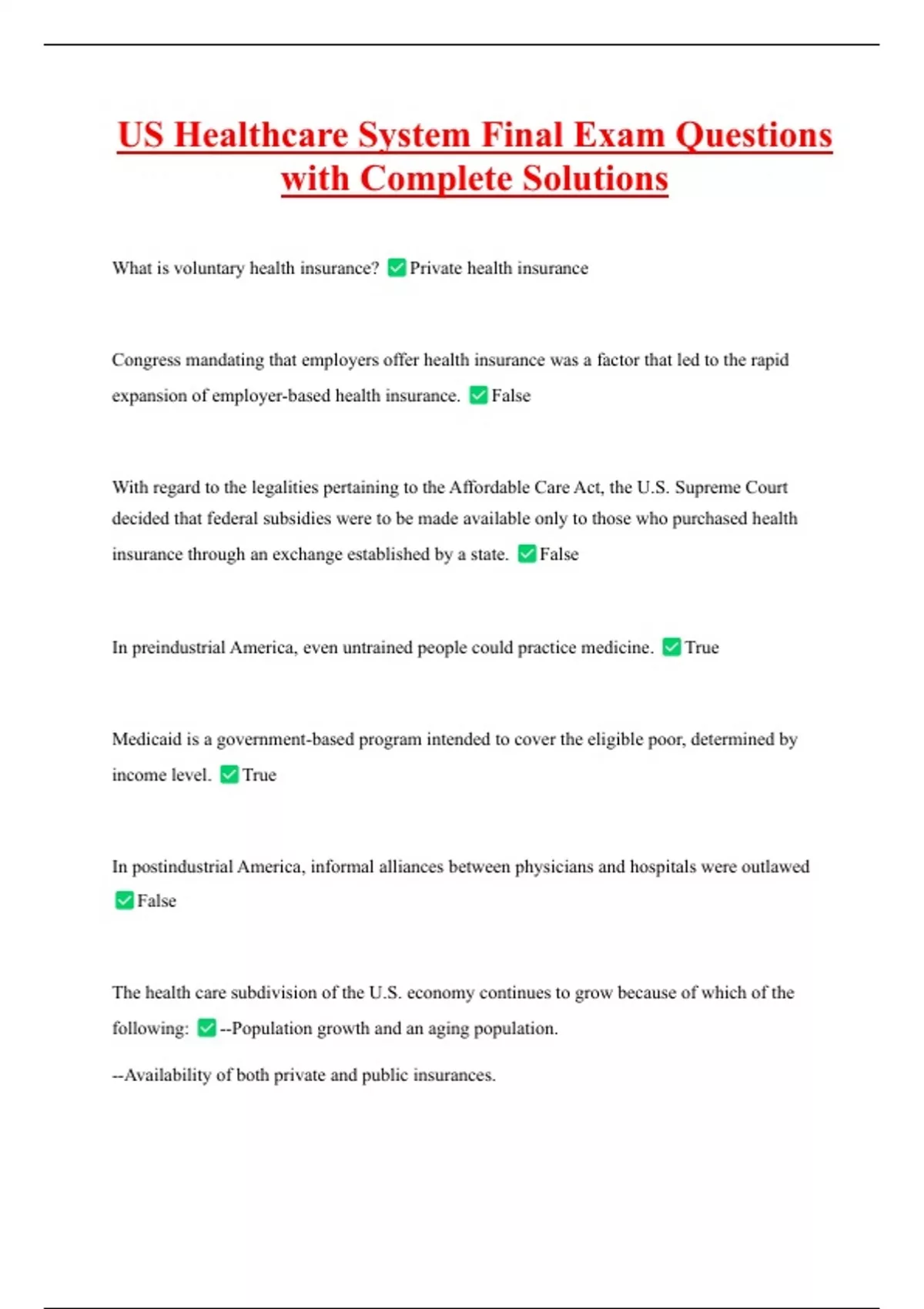 US Healthcare System Final Exam Questions with Complete Solutions ...