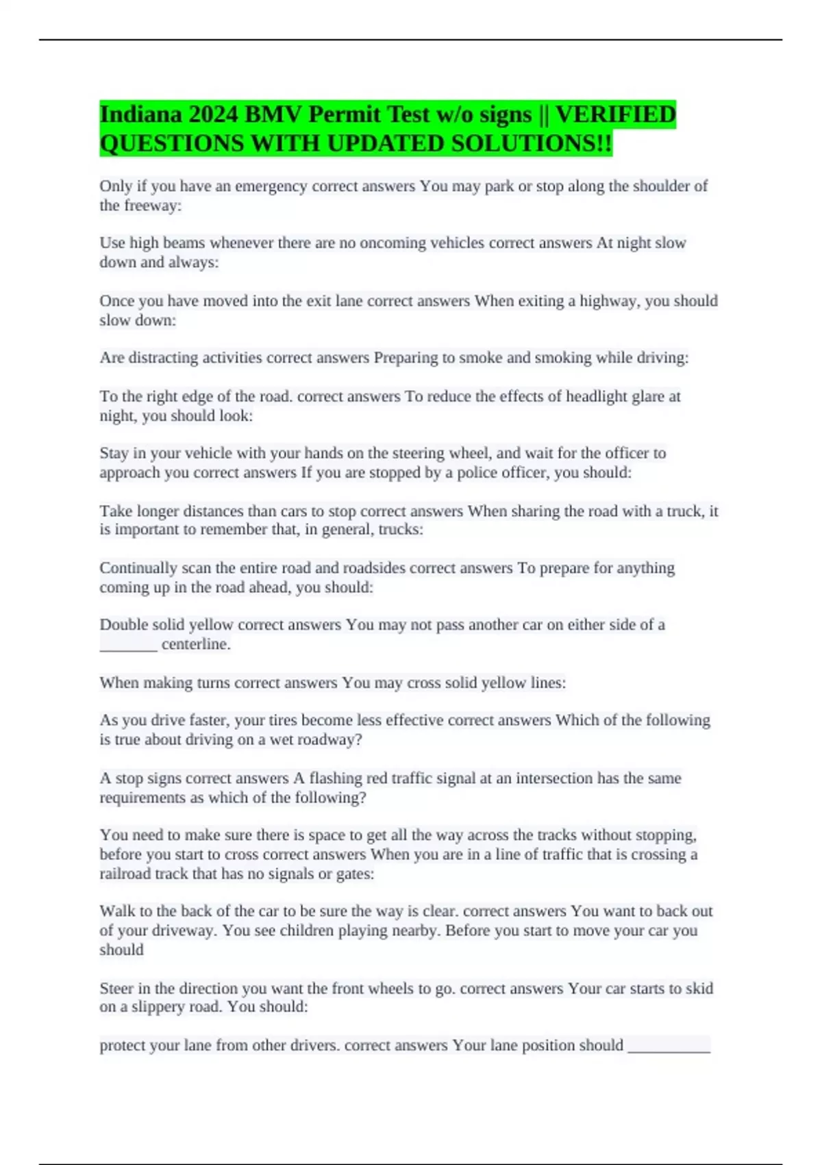 Indiana 2024 BMV Permit Test w/o signs || VERIFIED QUESTIONS WITH ...