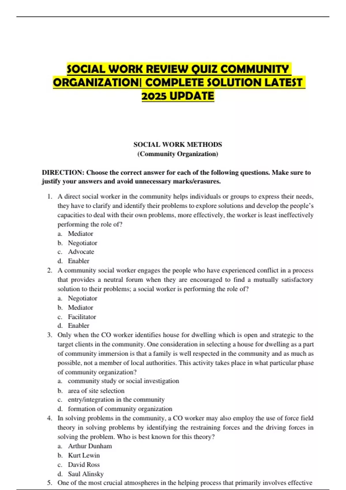 SOCIAL WORK REVIEW QUIZ COMMUNITY ORGANIZATION| COMPLETE SOLUTION ...