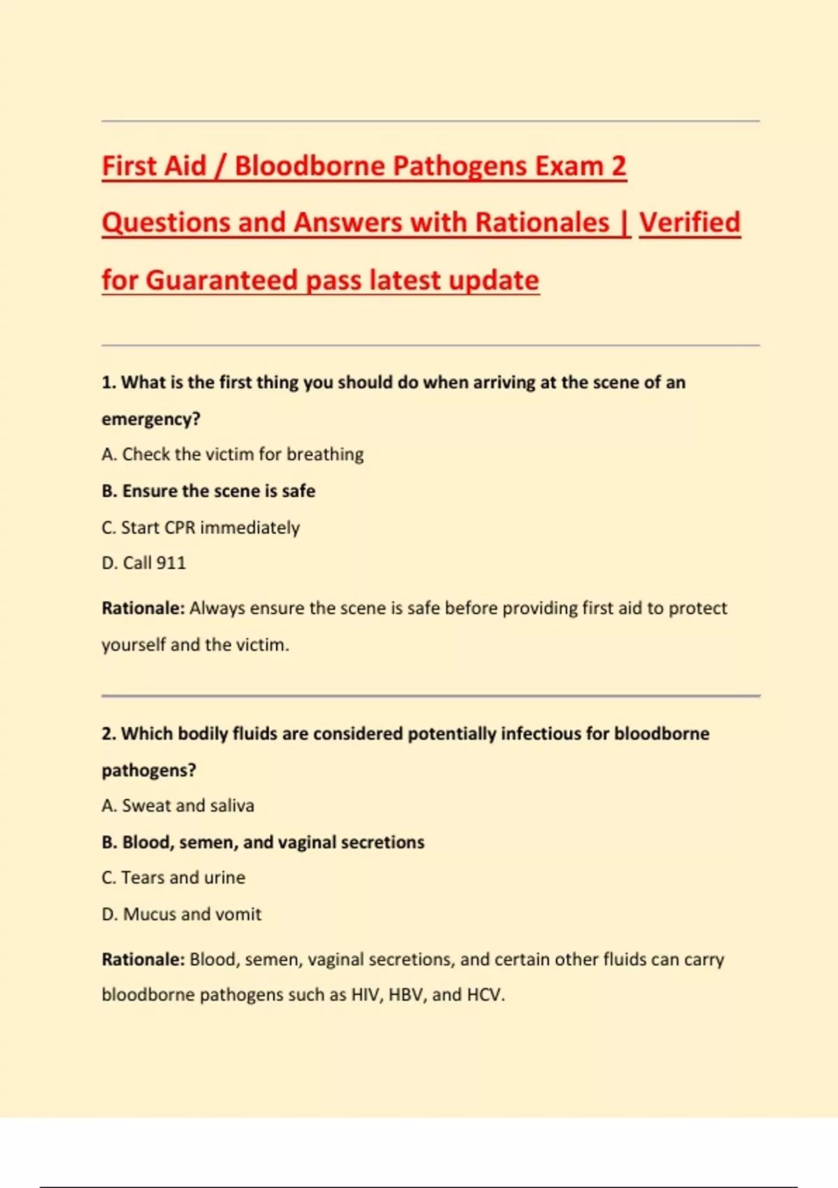 First Aid / Bloodborne Pathogens Exam 2 Questions and Answers with ...