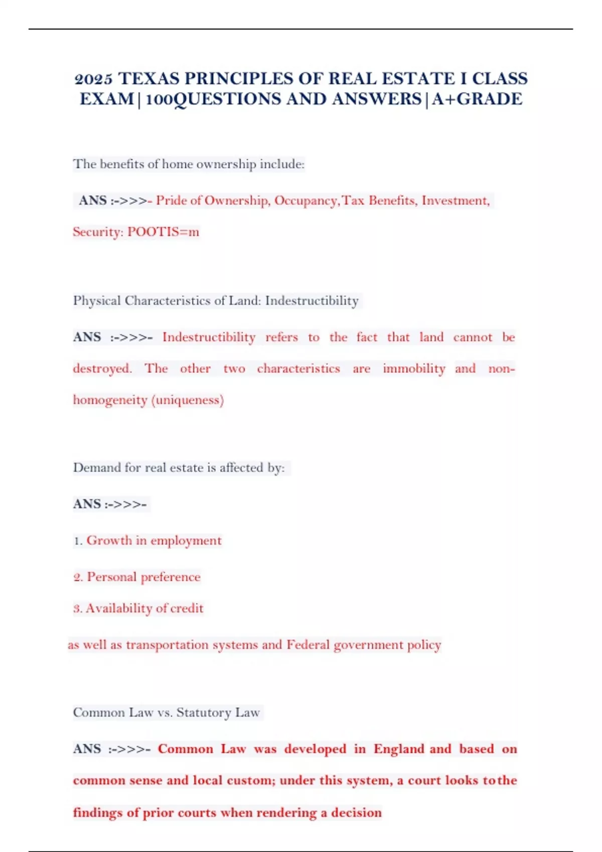2025 TEXAS PRINCIPLES OF REAL ESTATE I CLASS EXAM|100QUESTIONS AND ...