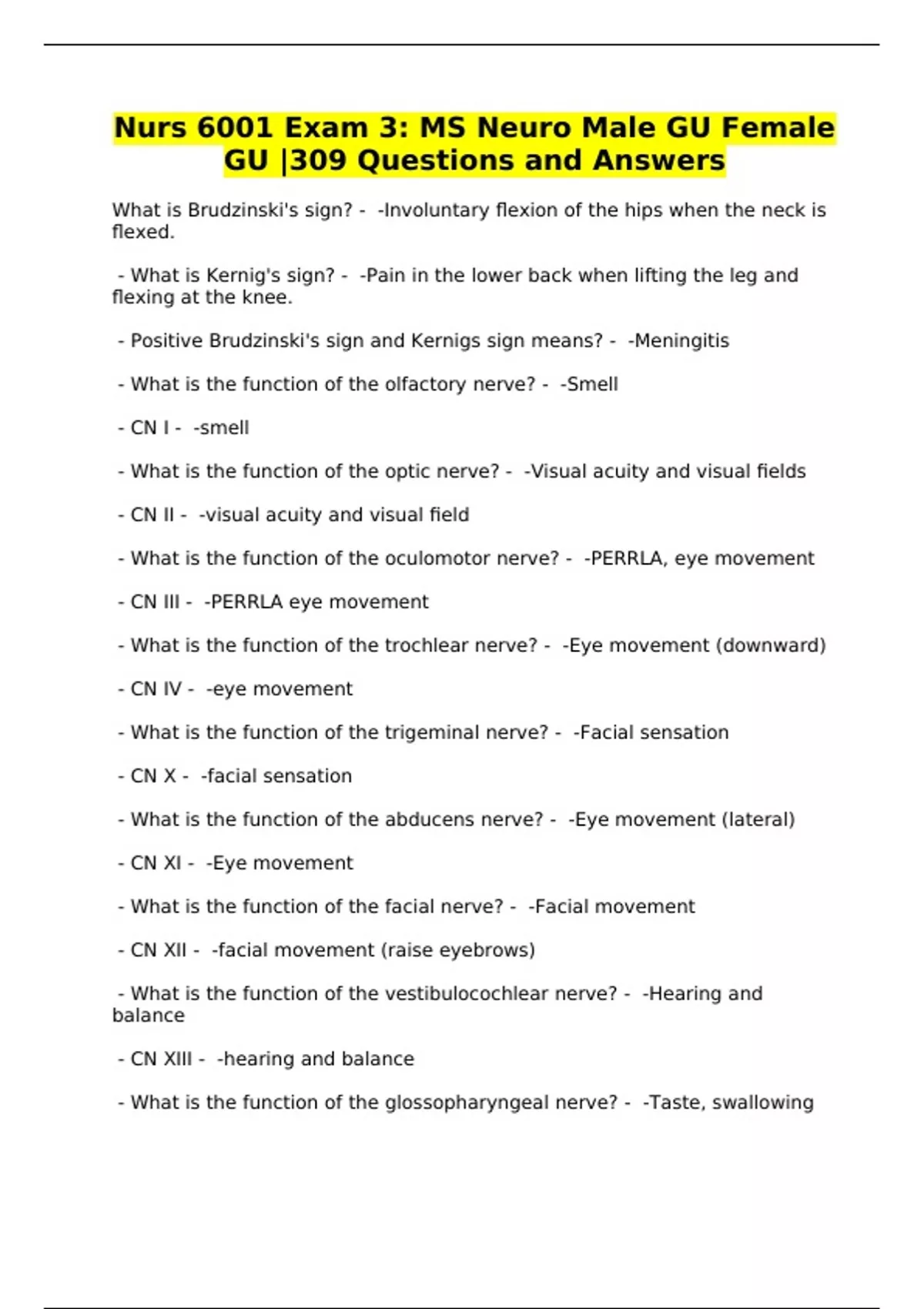 Nurs 6001 Exam 3: MS Neuro Male GU Female GU |309 Questions and Answers ...