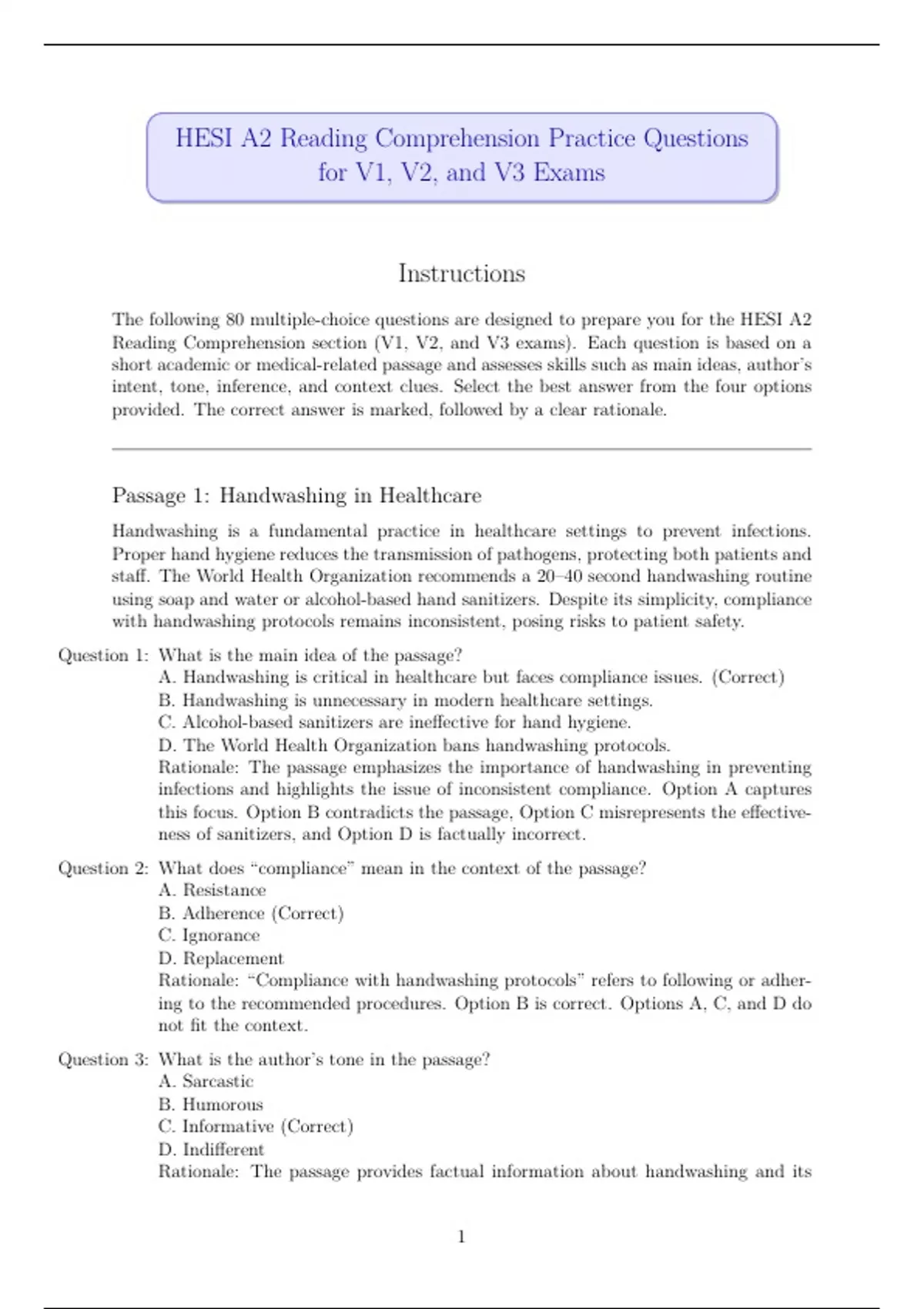 HESI A2 Reading Comprehension Practice Questions and answers for V1, V2 ...