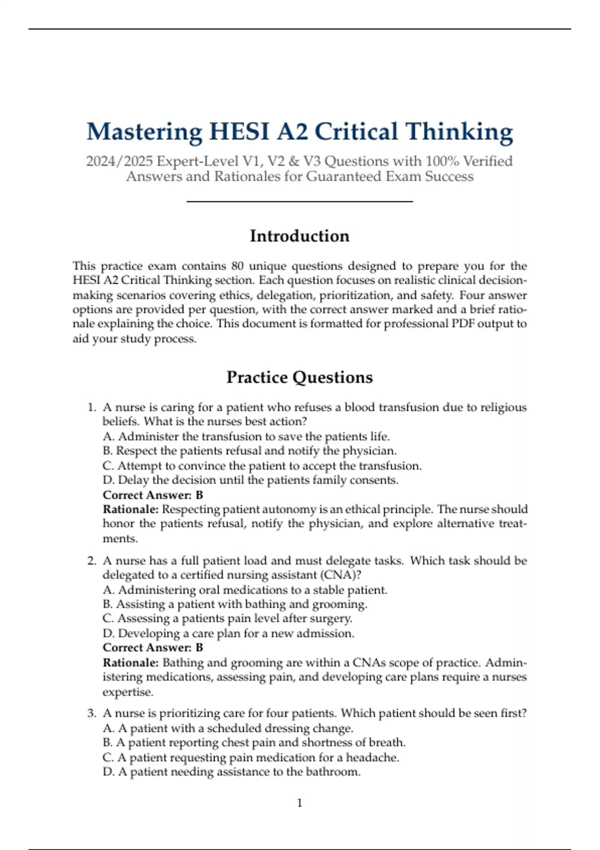 Mastering HESI A2 Critical Thinking 2024/2025 Expert-Level V1, V2 & V3 ...