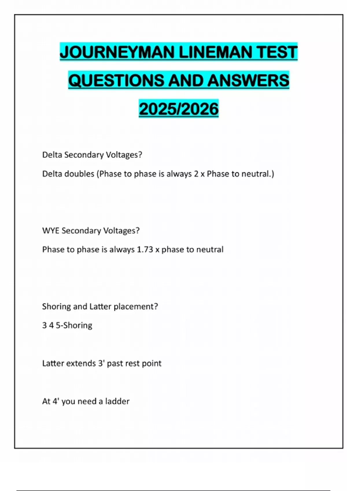 JOURNEYMAN LINEMAN TEST QUESTIONS AND ANSWERS 2025/2026 - Journeyman ...