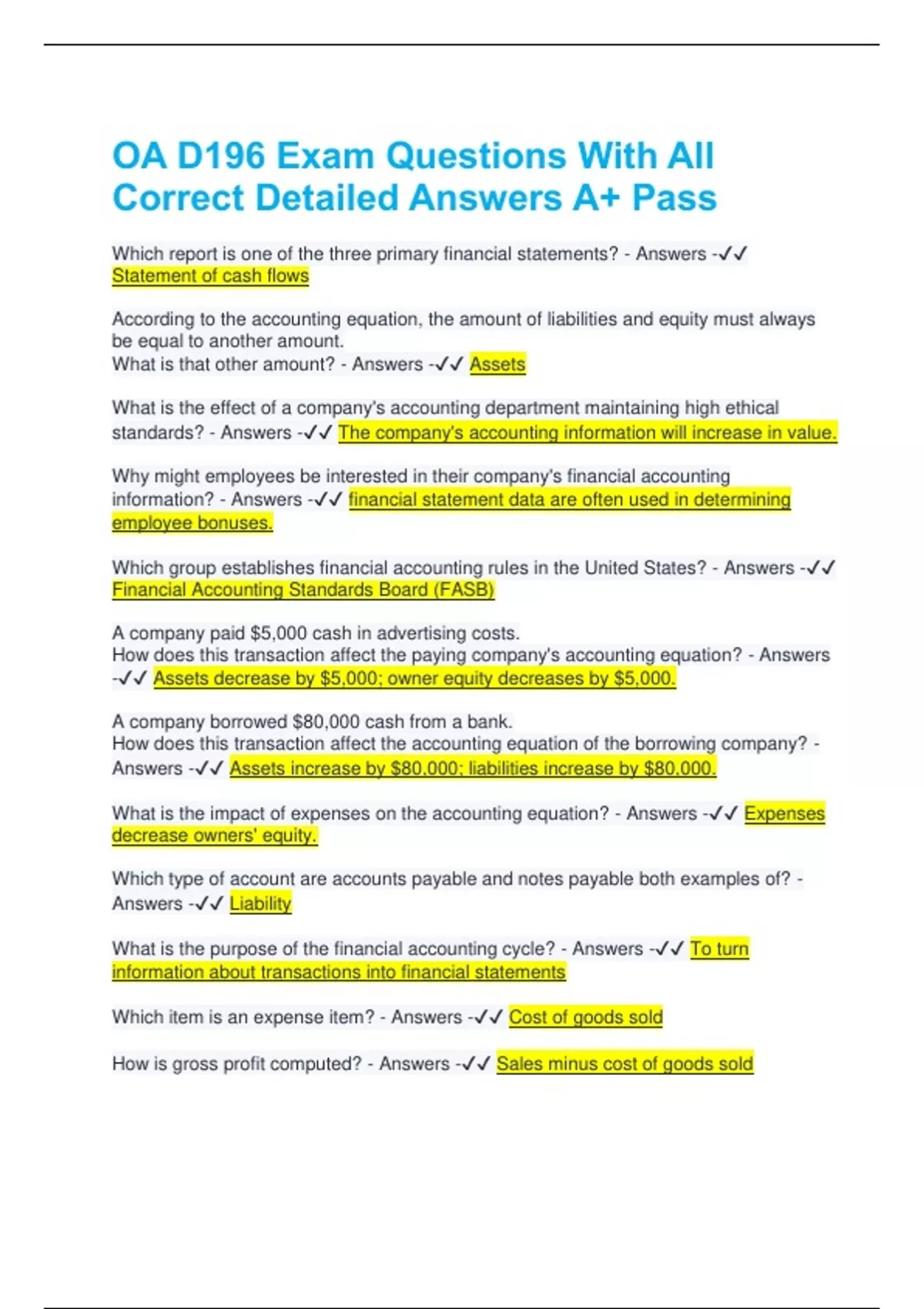 OA D196 Exam Questions With All Correct Detailed Answers A+ Pass - OA D196 - Stuvia US