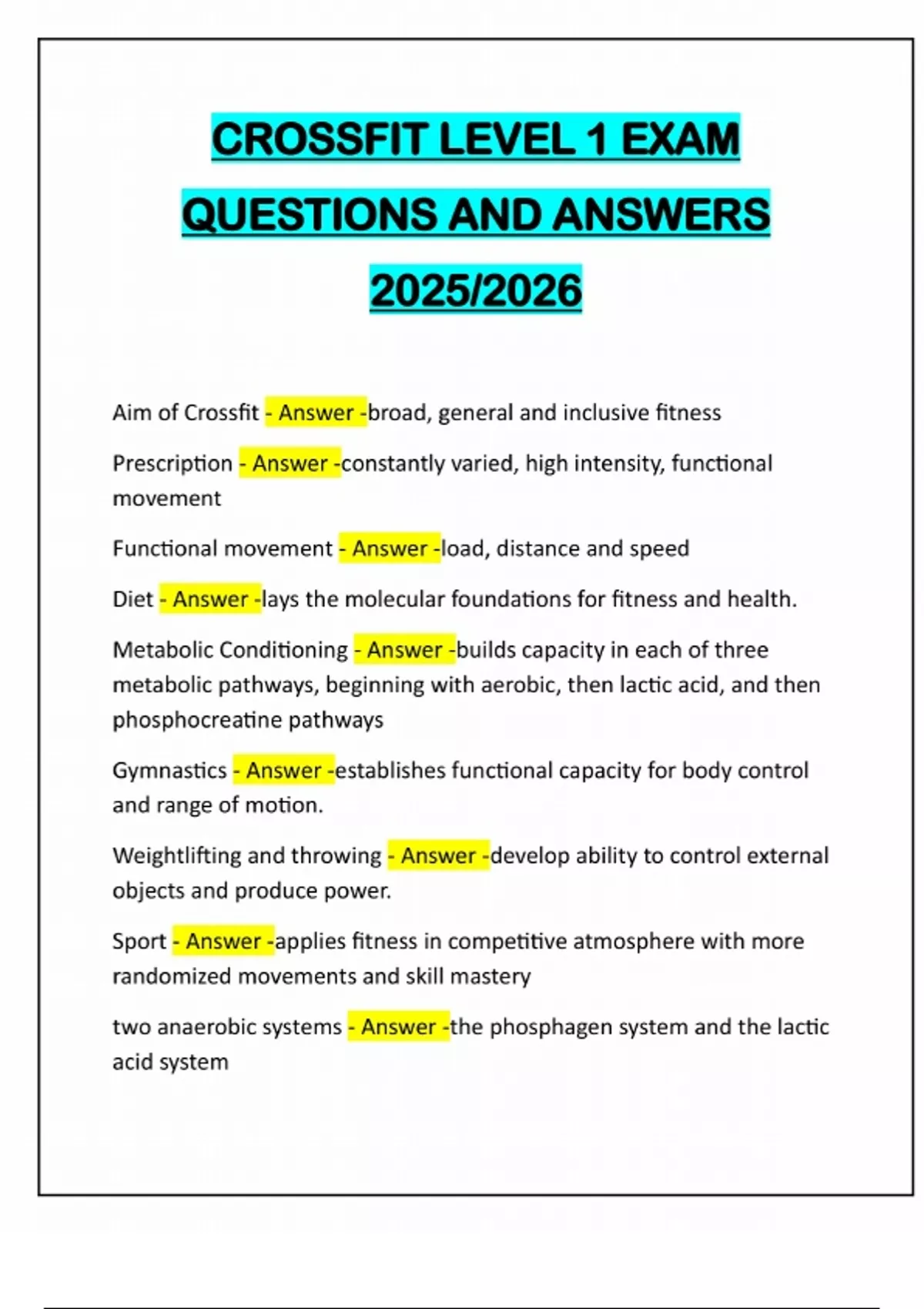 CROSSFIT LEVEL 1 EXAM QUESTIONS AND ANSWERS 2025/2026 - CrossFit level ...