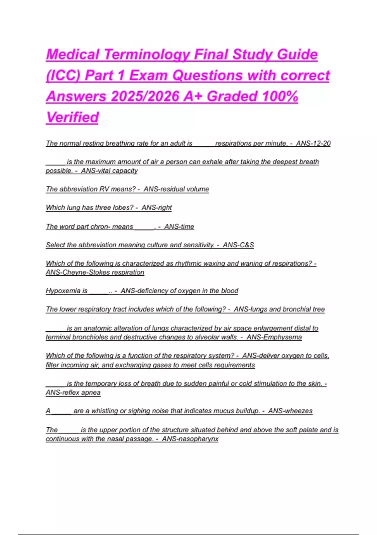 Medical Terminology Final Study Guide (ICC) Part 1 Exam Questions with correct Answers 2025/2026 ...