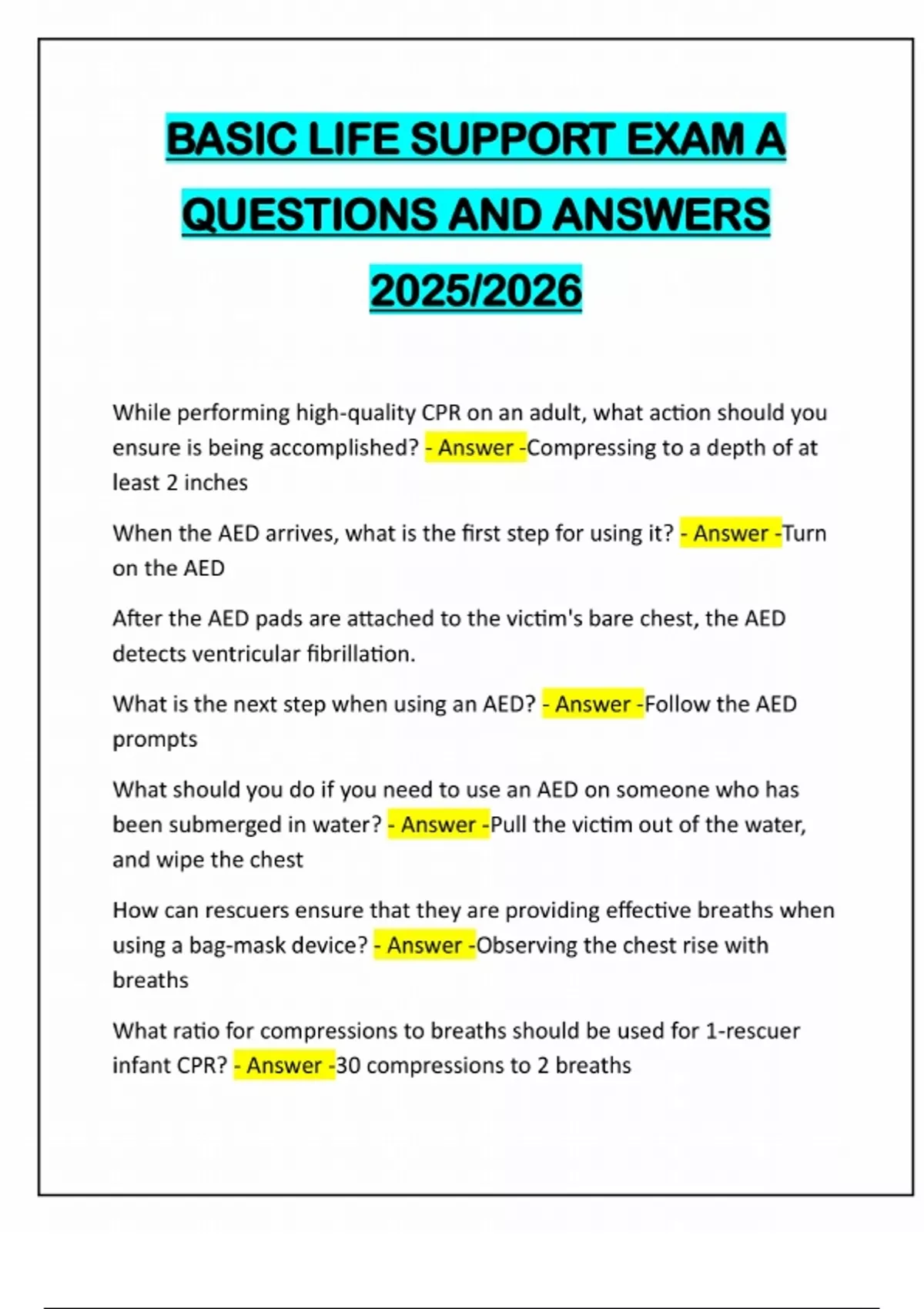 BASIC LIFE SUPPORT EXAM A QUESTIONS AND ANSWERS 2025/2026 - AHA BLS ...