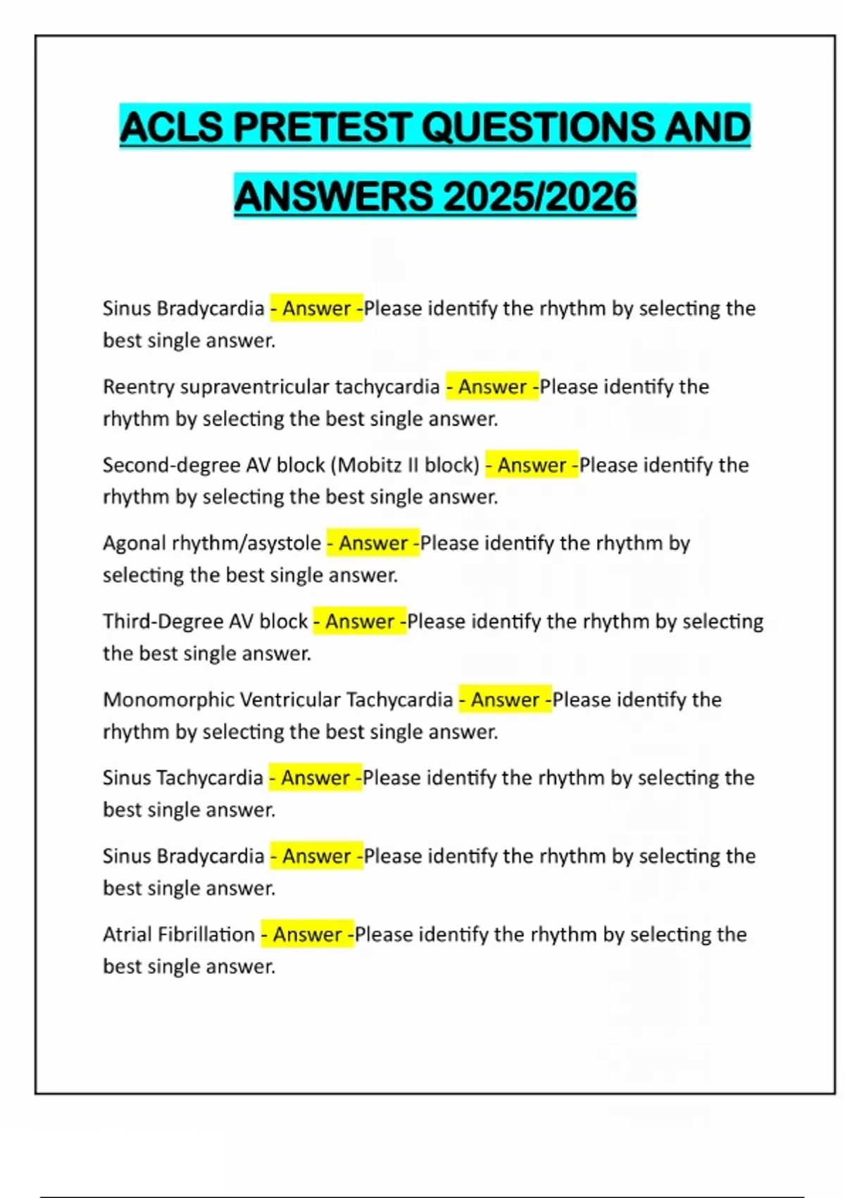 ACLS PRETEST QUESTIONS AND ANSWERS 2025/2026 - AHA ACLS - Stuvia US