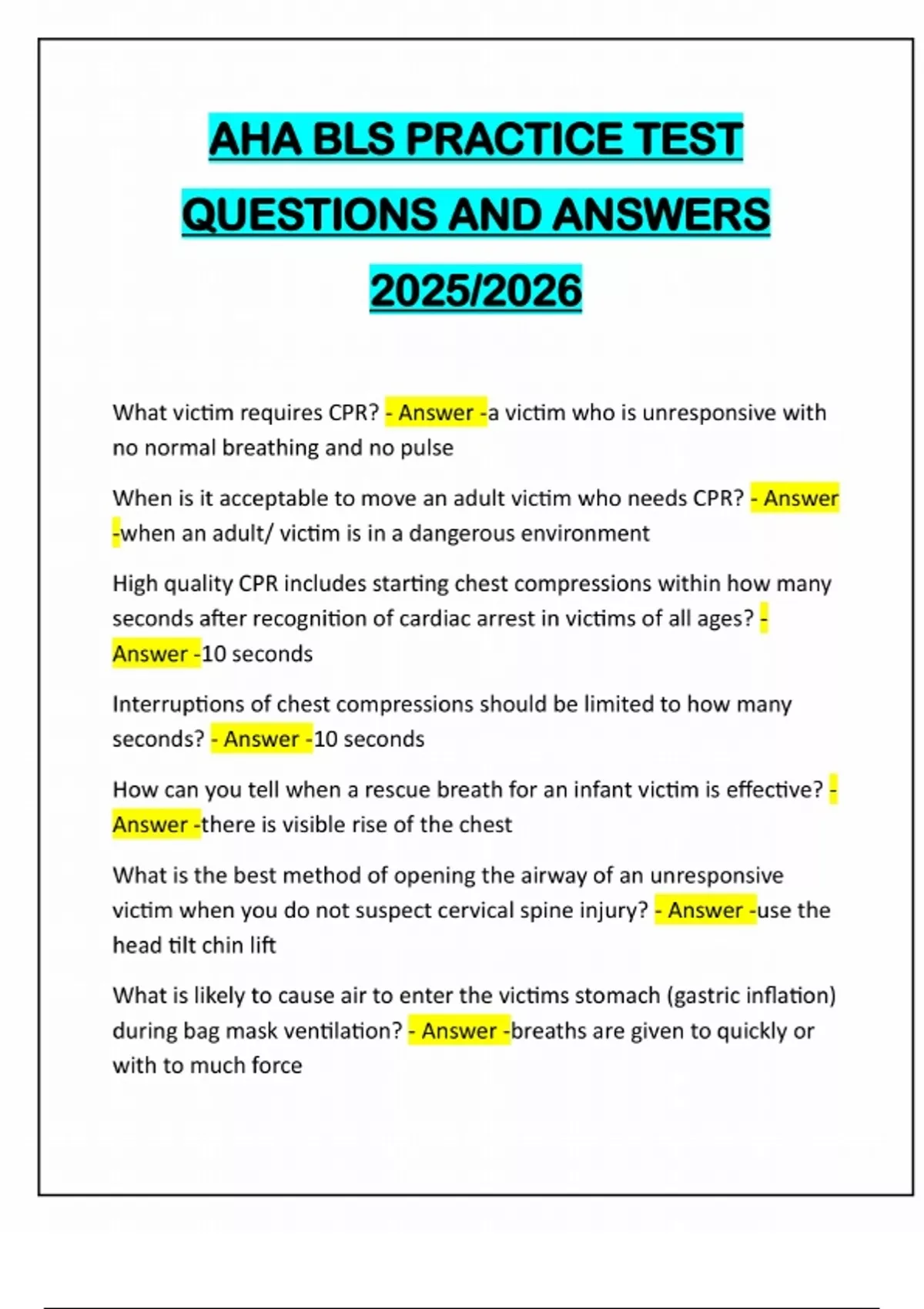 AHA BLS PRACTICE TEST QUESTIONS AND ANSWERS 2025/2026 - AHA BLS - Stuvia US