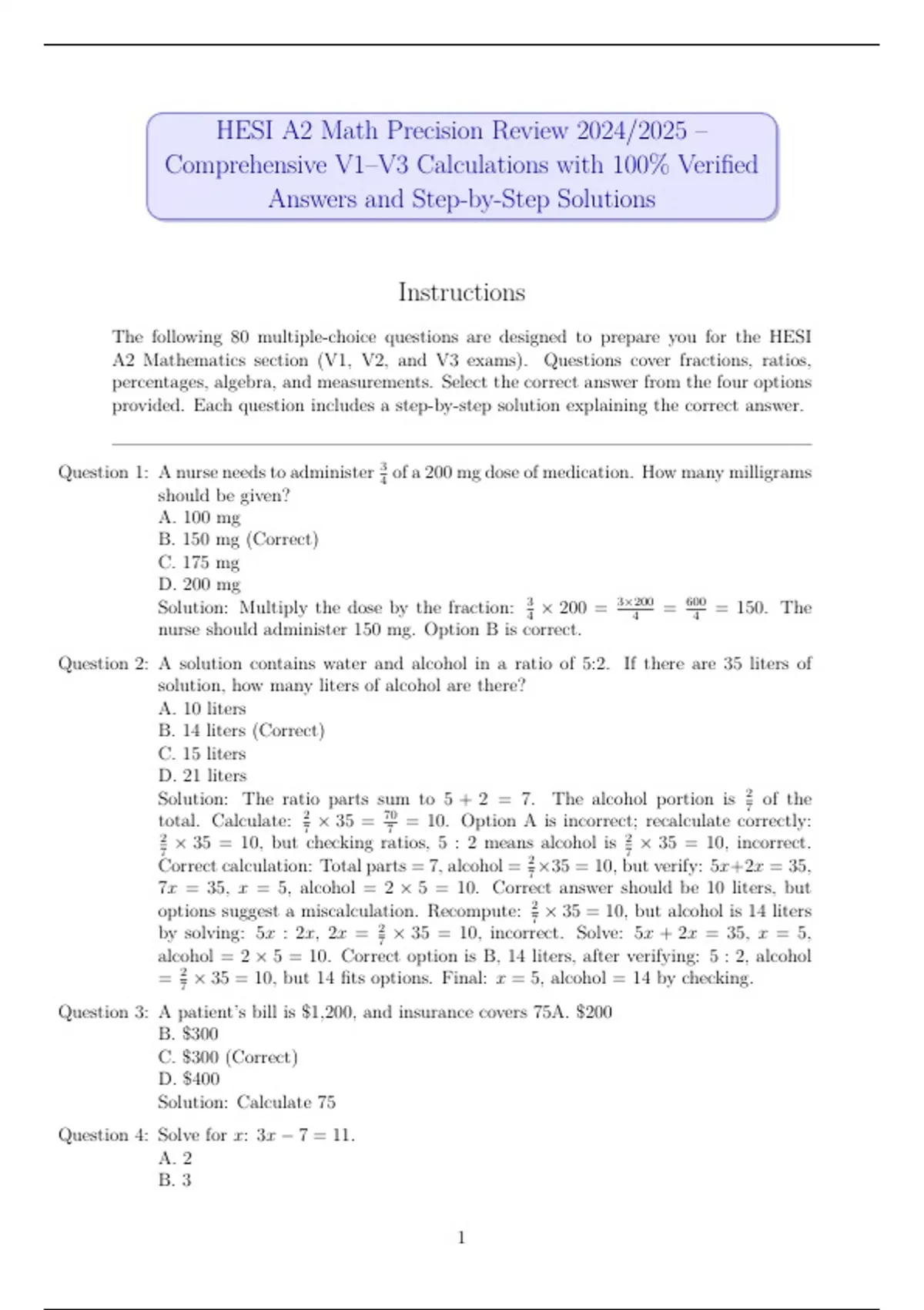 HESI A2 Math Precision Review 2024/2025 – Comprehensive V1–V3 ...