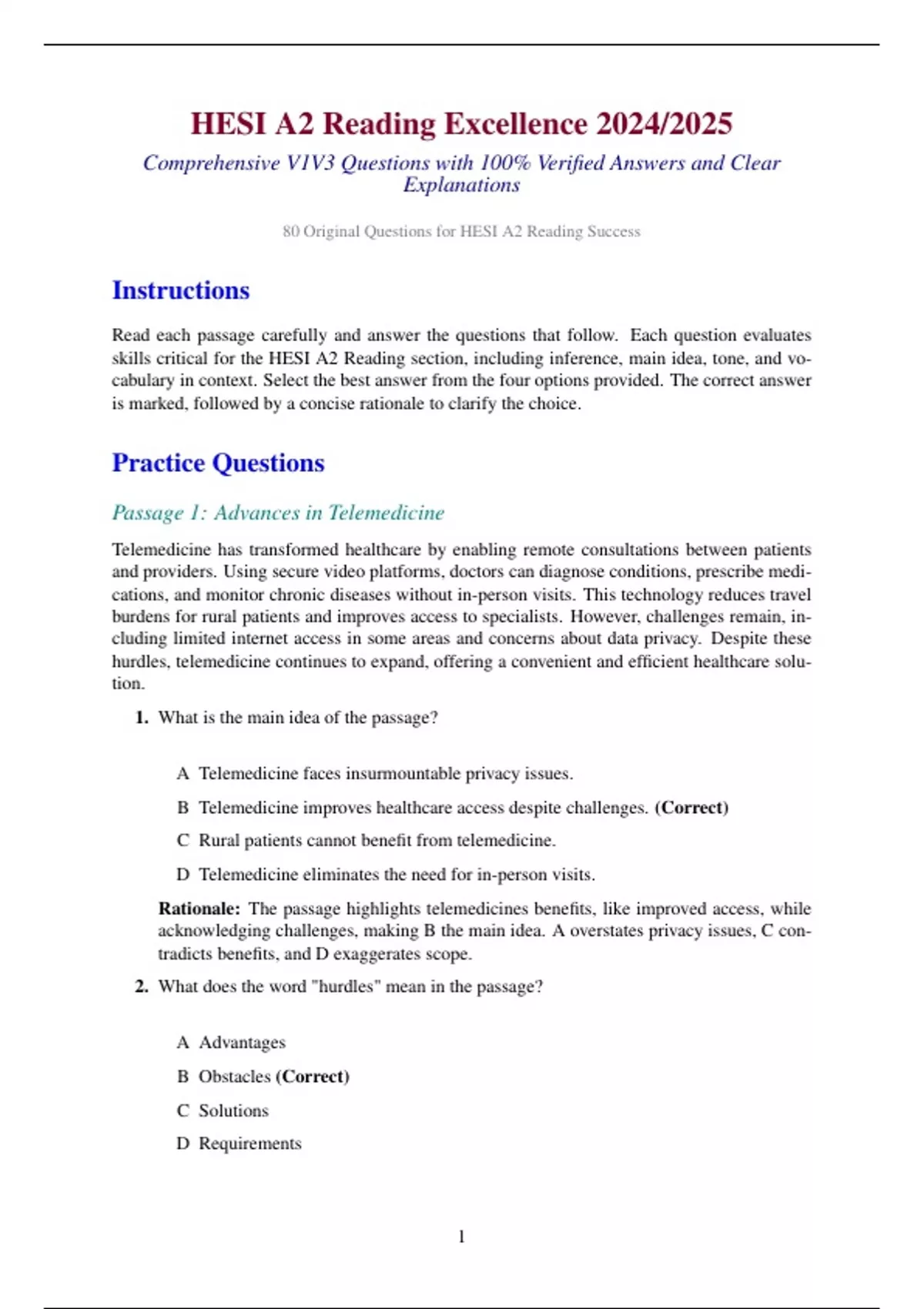 HESI A2 Reading Excellence 2024/2025 Comprehensive V1V3 Questions with ...