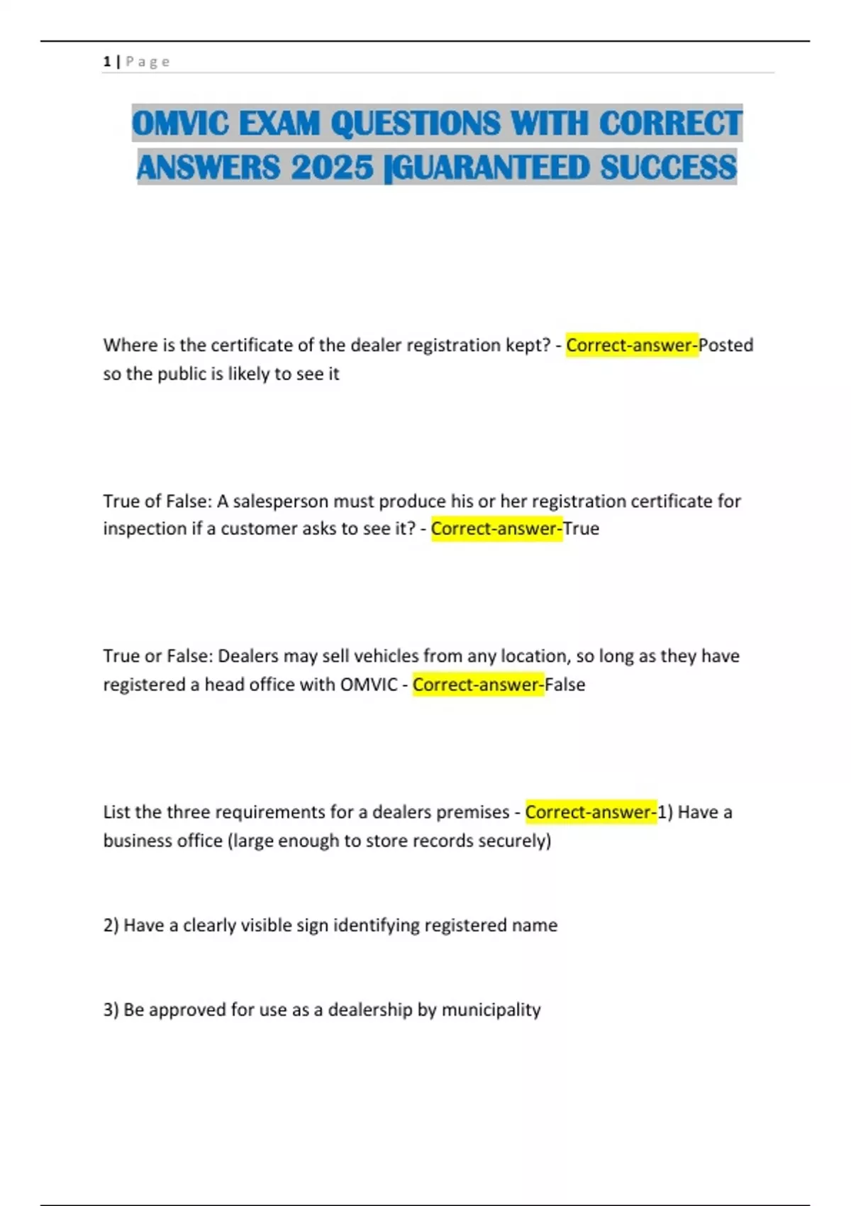 OMVIC EXAM QUESTIONS WITH CORRECT ANSWERS 2025 |GUARANTEED SUCCESS ...