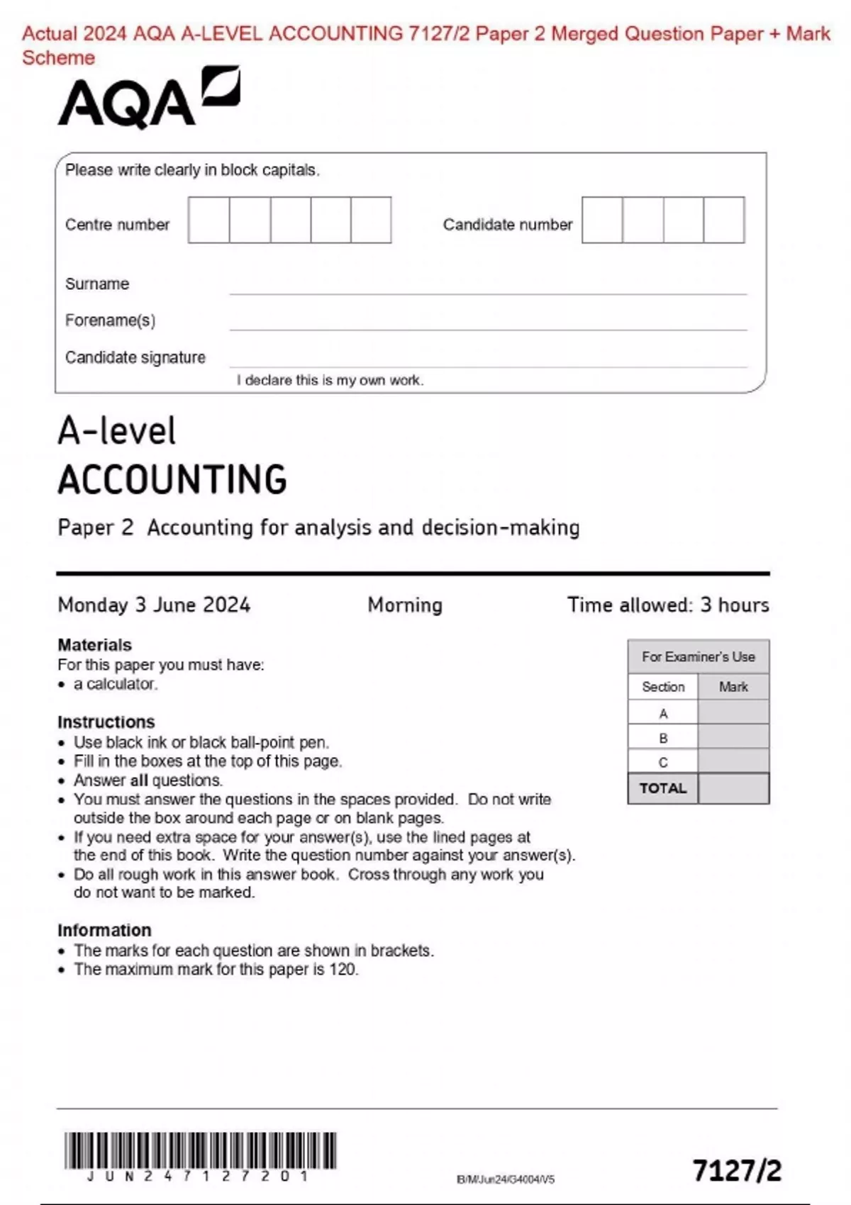 AQA A-LEVEL ACCOUNTING 712-2 Paper 2 Merged Question Paper and Mark ...
