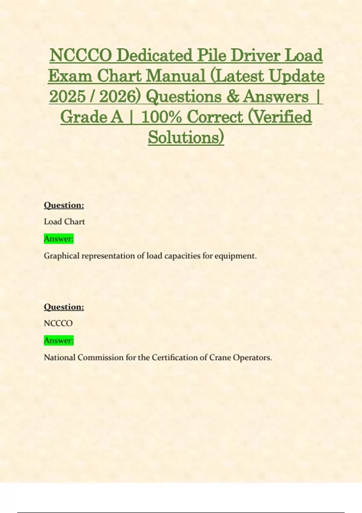 NCCCO Dedicated Pile Driver Load Exam Chart Manual (Latest Update 2025 ...