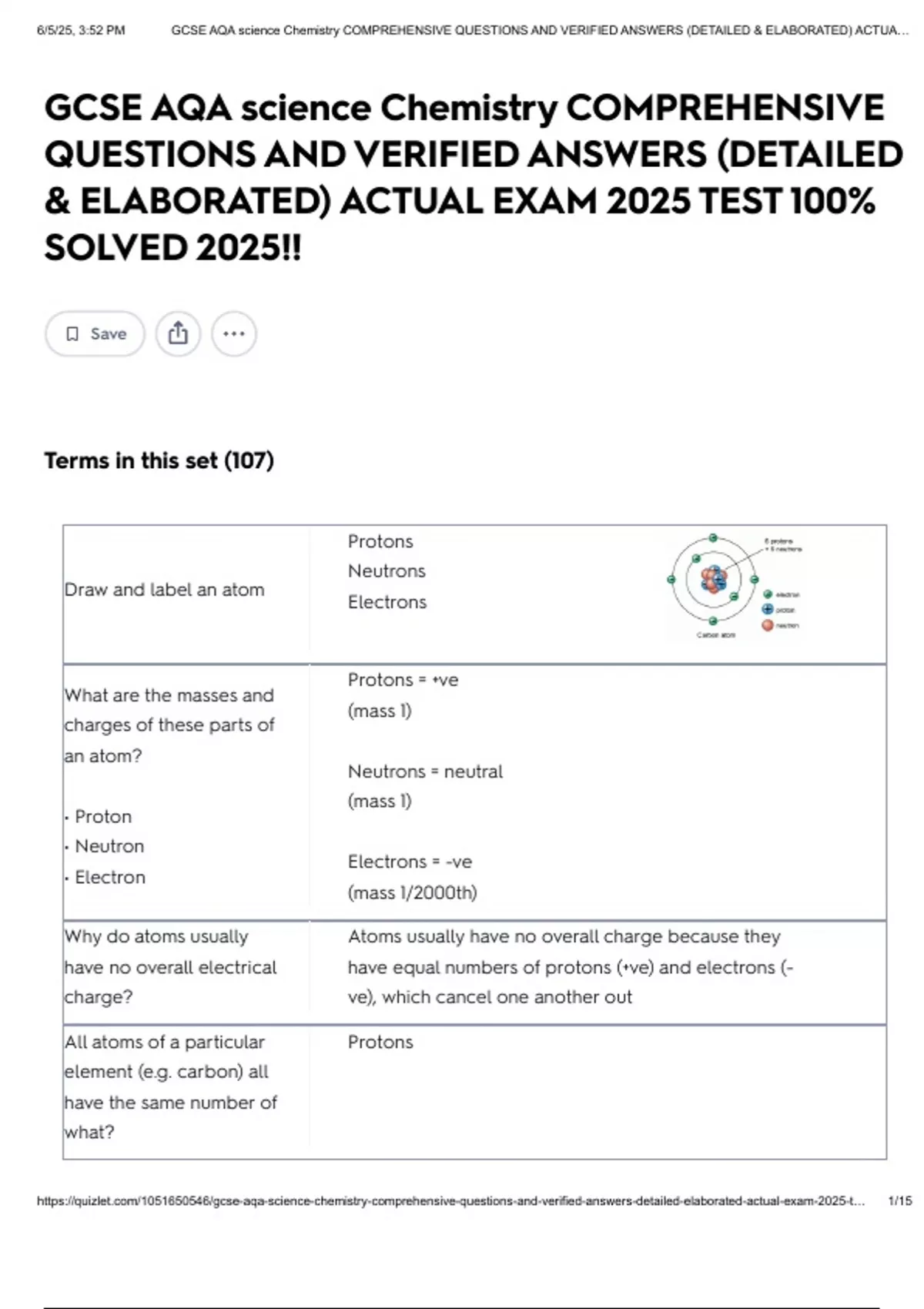GCSE AQA science Chemistry COMPREHENSIVE QUESTIONS AND VERIFIED ANSWERS ...