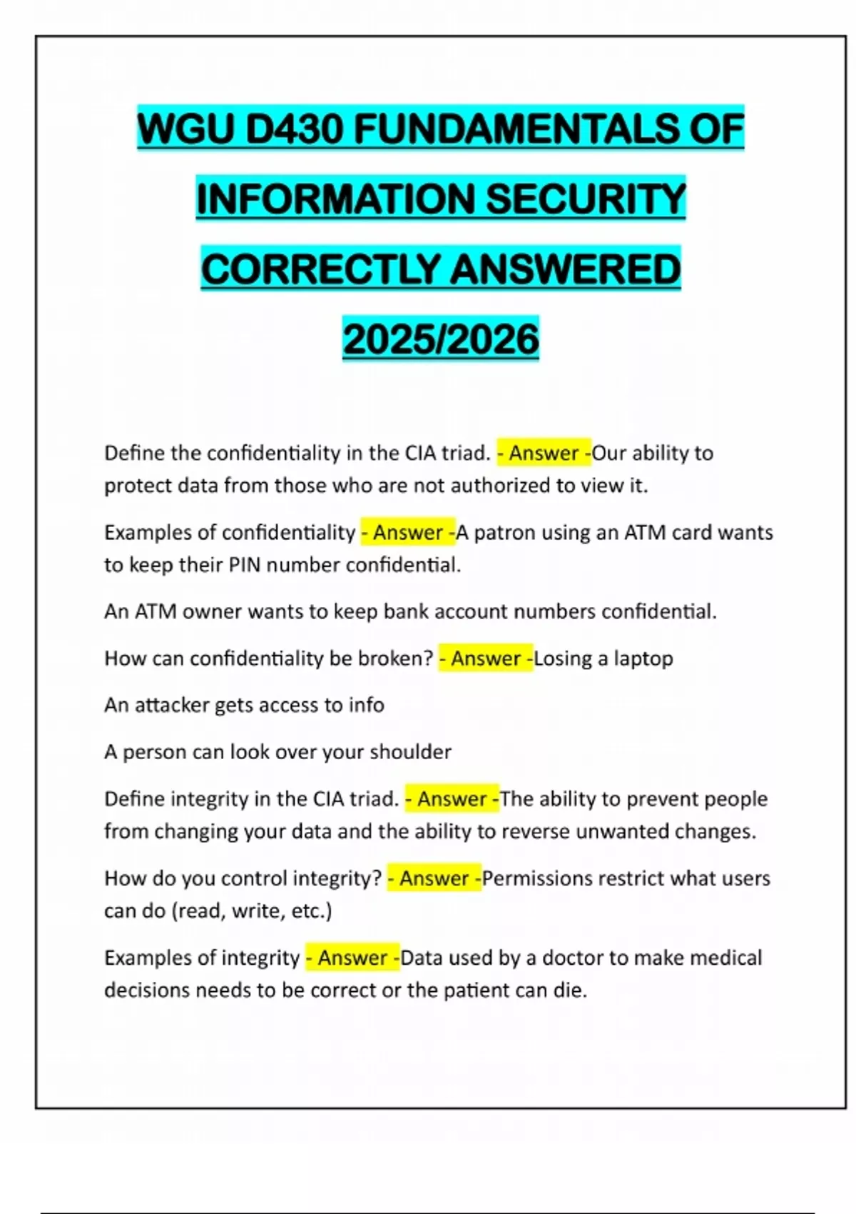 WGU D430 FUNDAMENTALS OF INFORMATION SECURITY CORRECTLY ANSWERED 2025/ ...