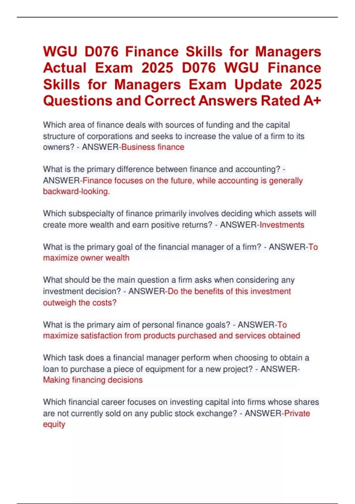 WGU D076 Finance Skills for Managers Actual Exam 2025 D076 WGU Finance Skills for Managers Exam ...