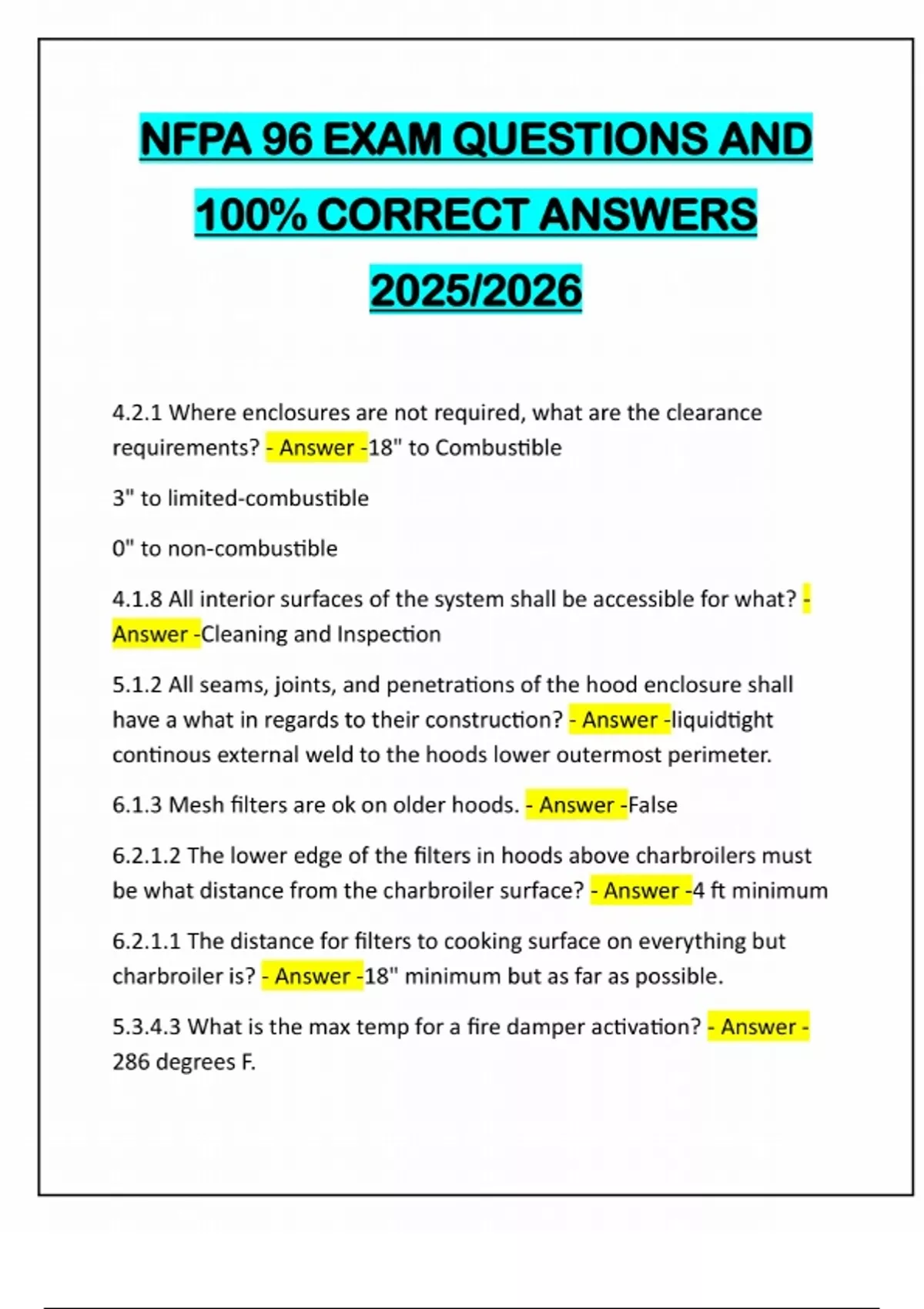 NFPA 96 EXAM QUESTIONS AND 100% CORRECT ANSWERS 2025/2026 - NFPA 96 ...