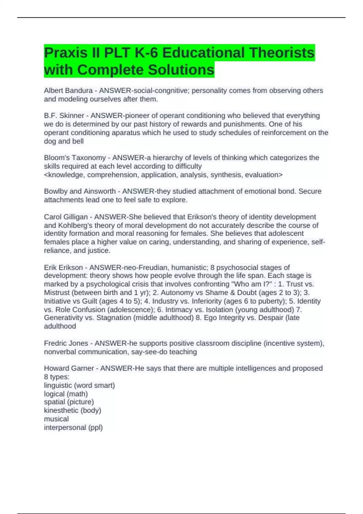 Praxis II PLT K-6 Educational Theorists with Complete Solutions ...