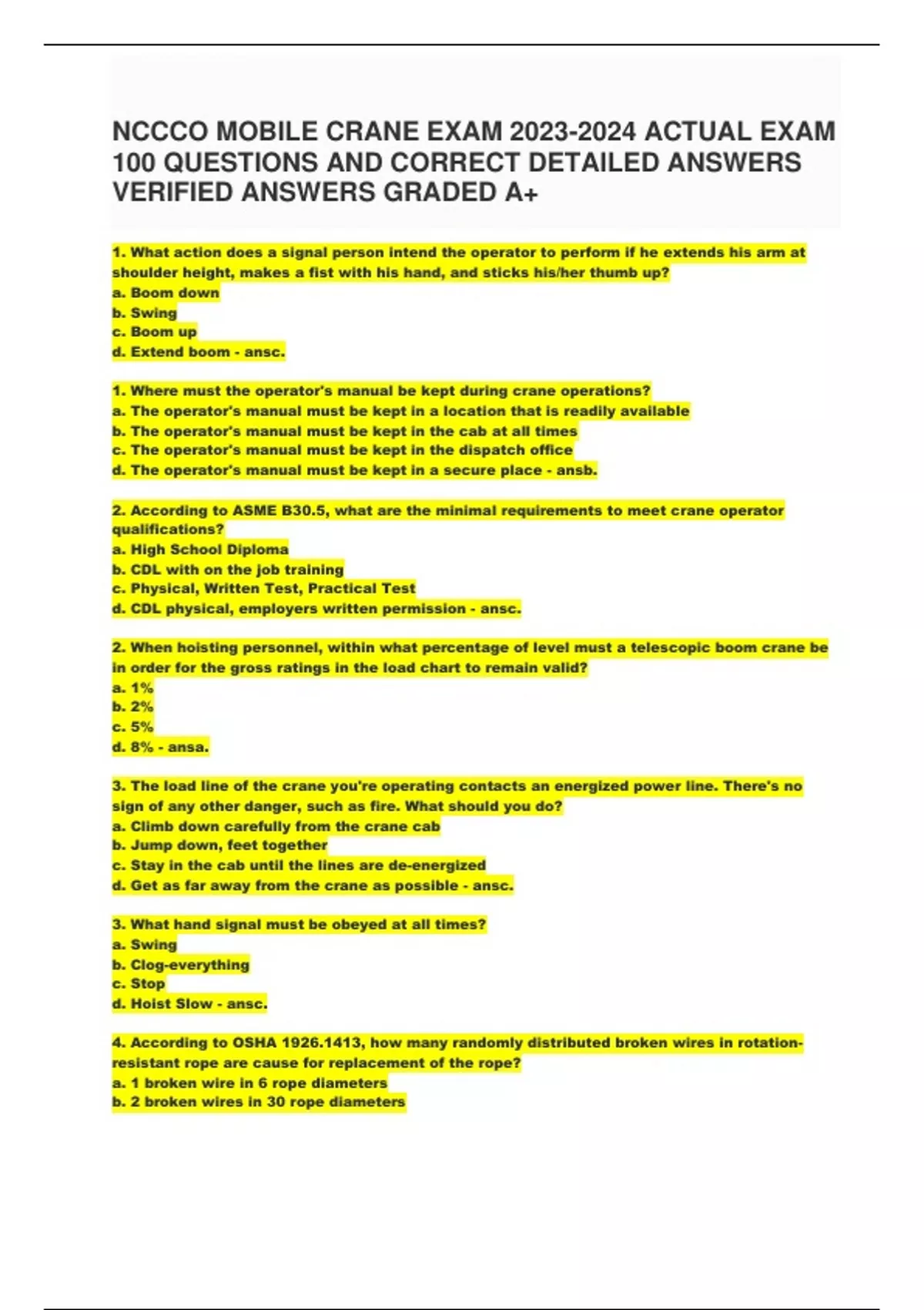 NCCCO MOBILE CRANE EXAM ACTUAL EXAM 100 QUESTIONS AND CORRECT DETAILED ...