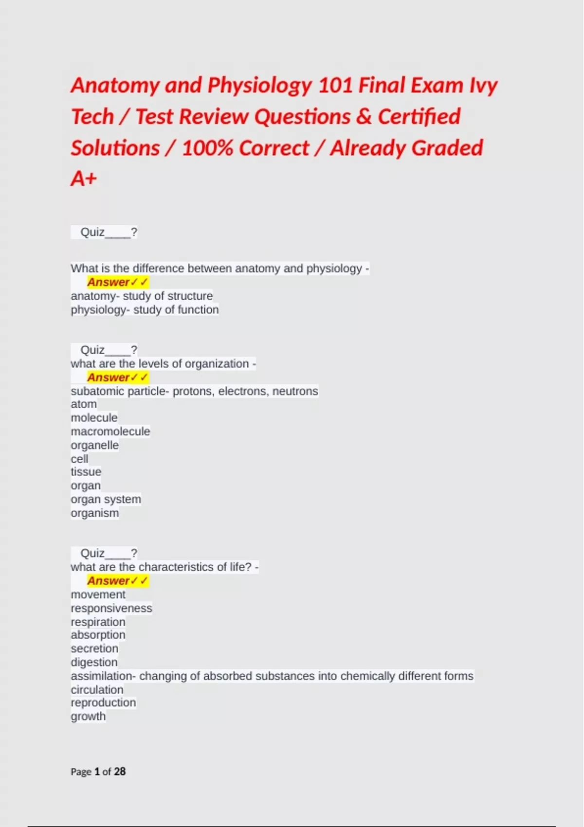 Anatomy and Physiology 101 Final Exam Ivy Tech / Test Review Questions ...