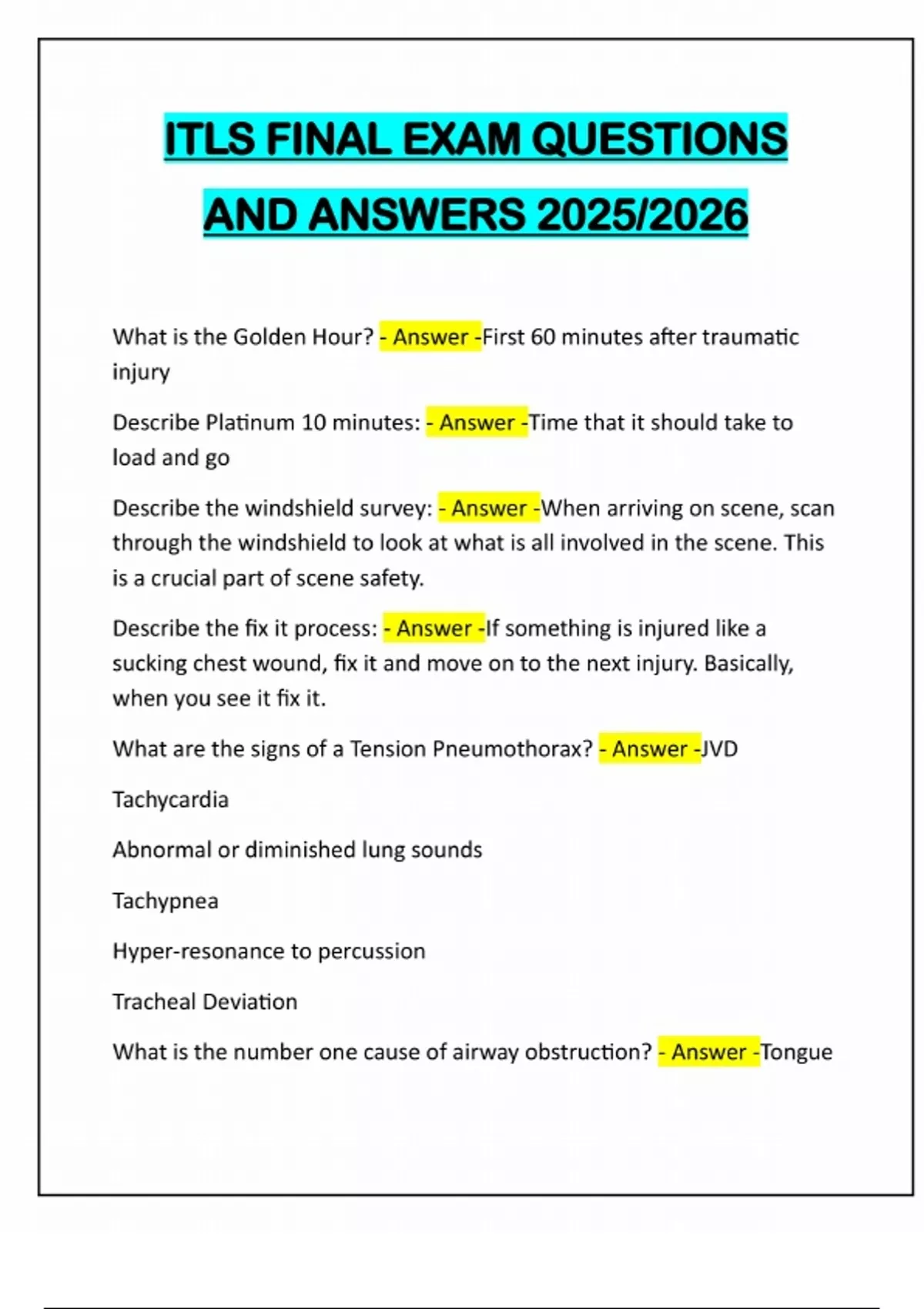 BUNDLE FOR ITLS 9TH EDITION EXAMS 2025/2026 Q&A 100% PASS - Stuvia US