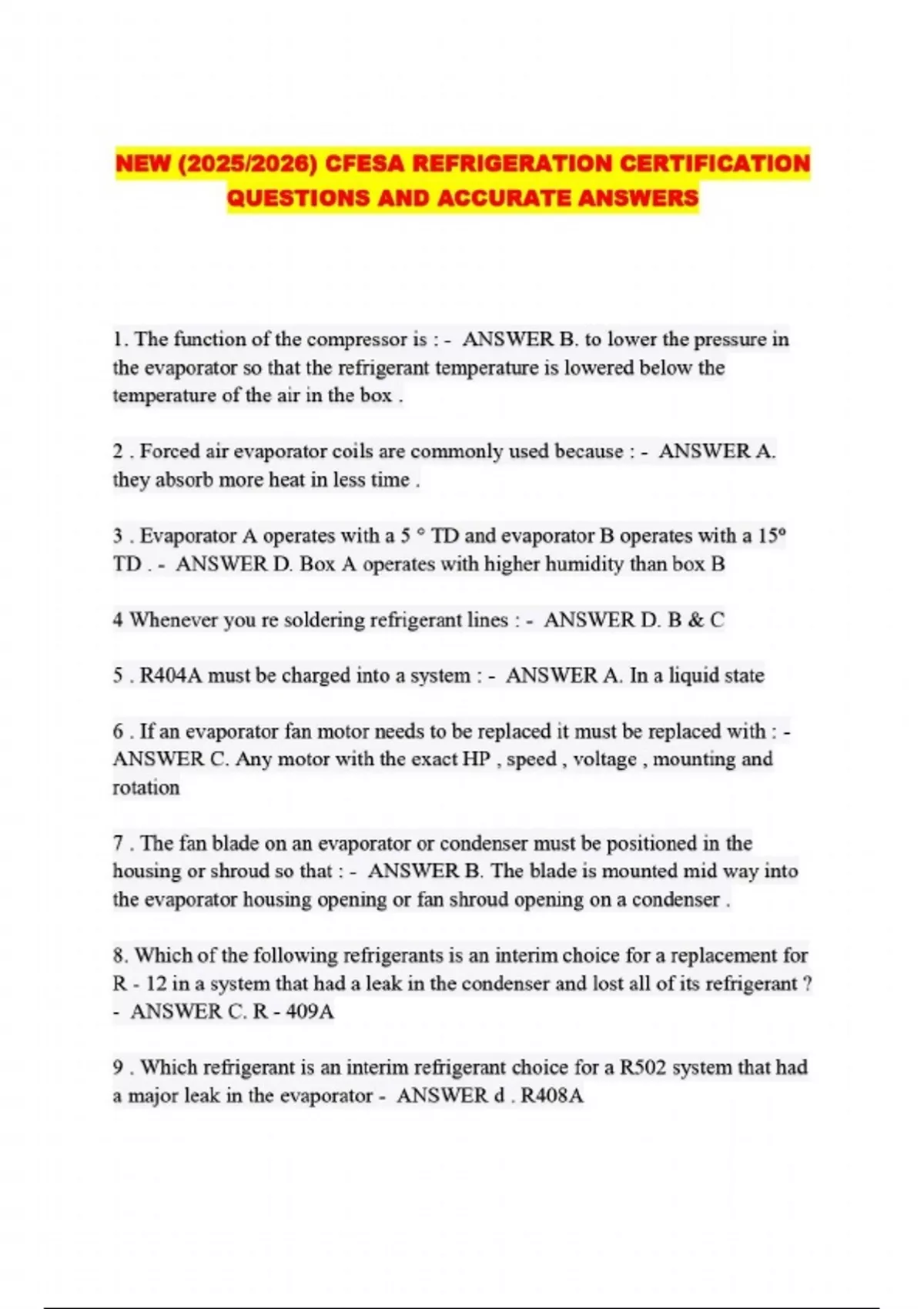 NEW () CFESA REFRIGERATION CERTIFICATION QUESTIONS AND ACCURATE ANSWERS ...
