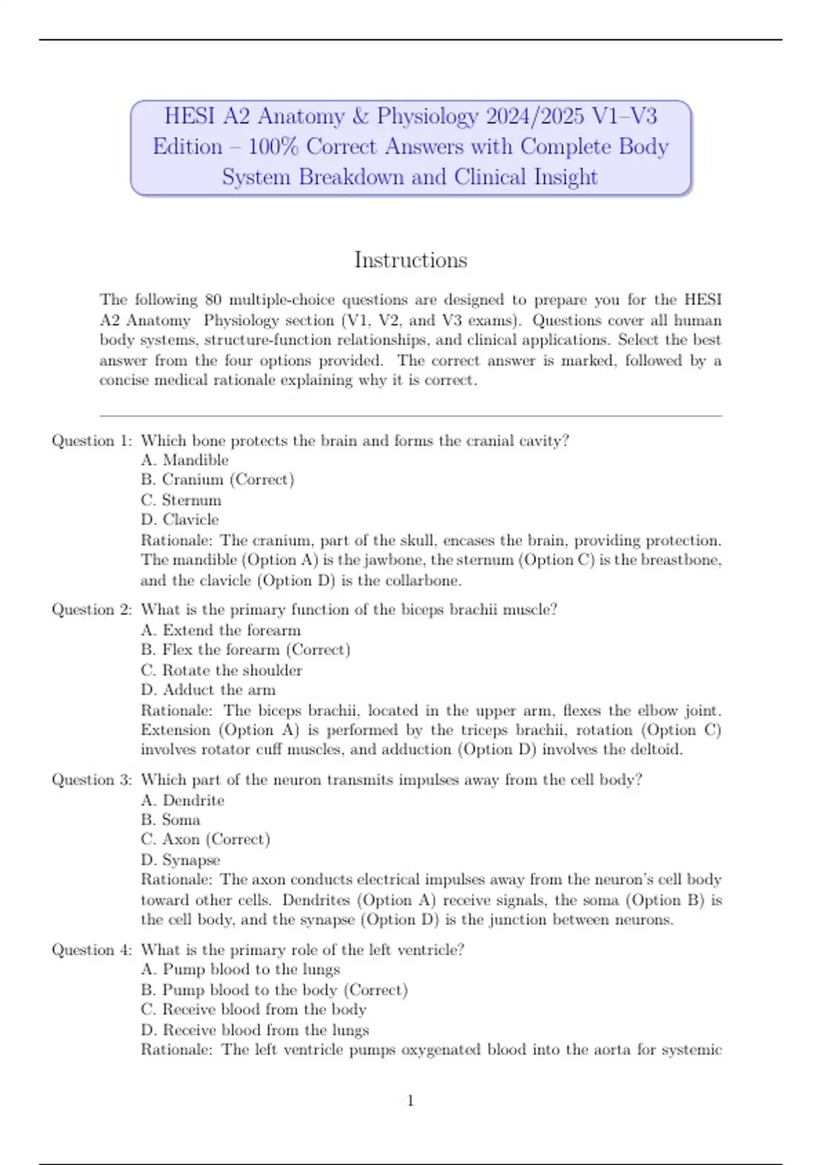 HESI A2 Anatomy & Physiology 2024/2025 V1–V3 Edition – 100% Correct ...