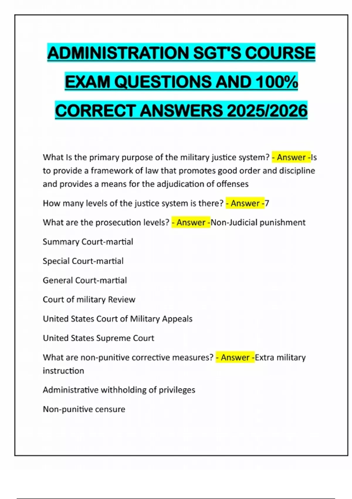 ADMINISTRATION SGT'S COURSE EXAM QUESTIONS AND 100% CORRECT ANSWERS ...