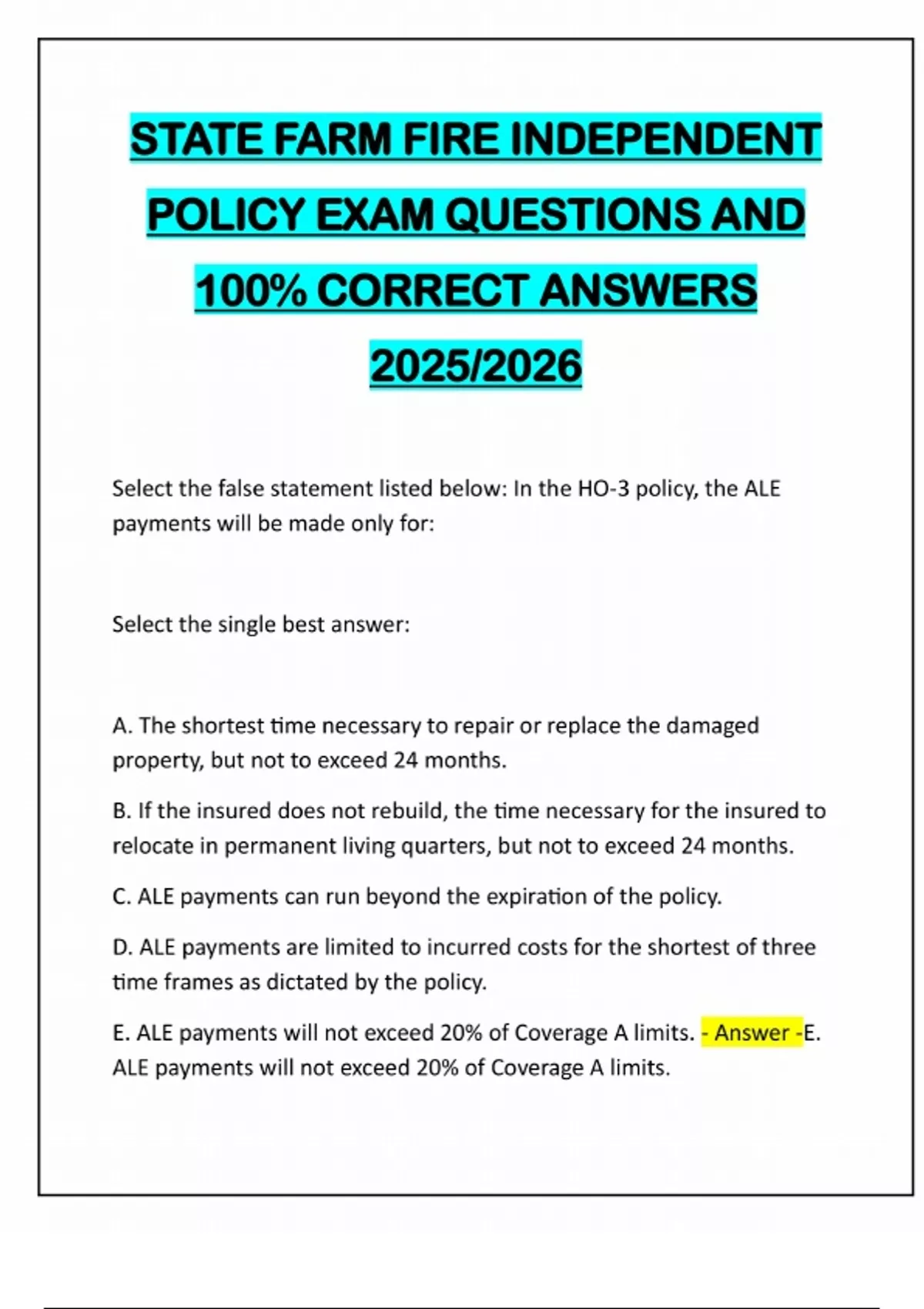 STATE FARM FIRE INDEPENDENT POLICY EXAM QUESTIONS AND 100% CORRECT ...
