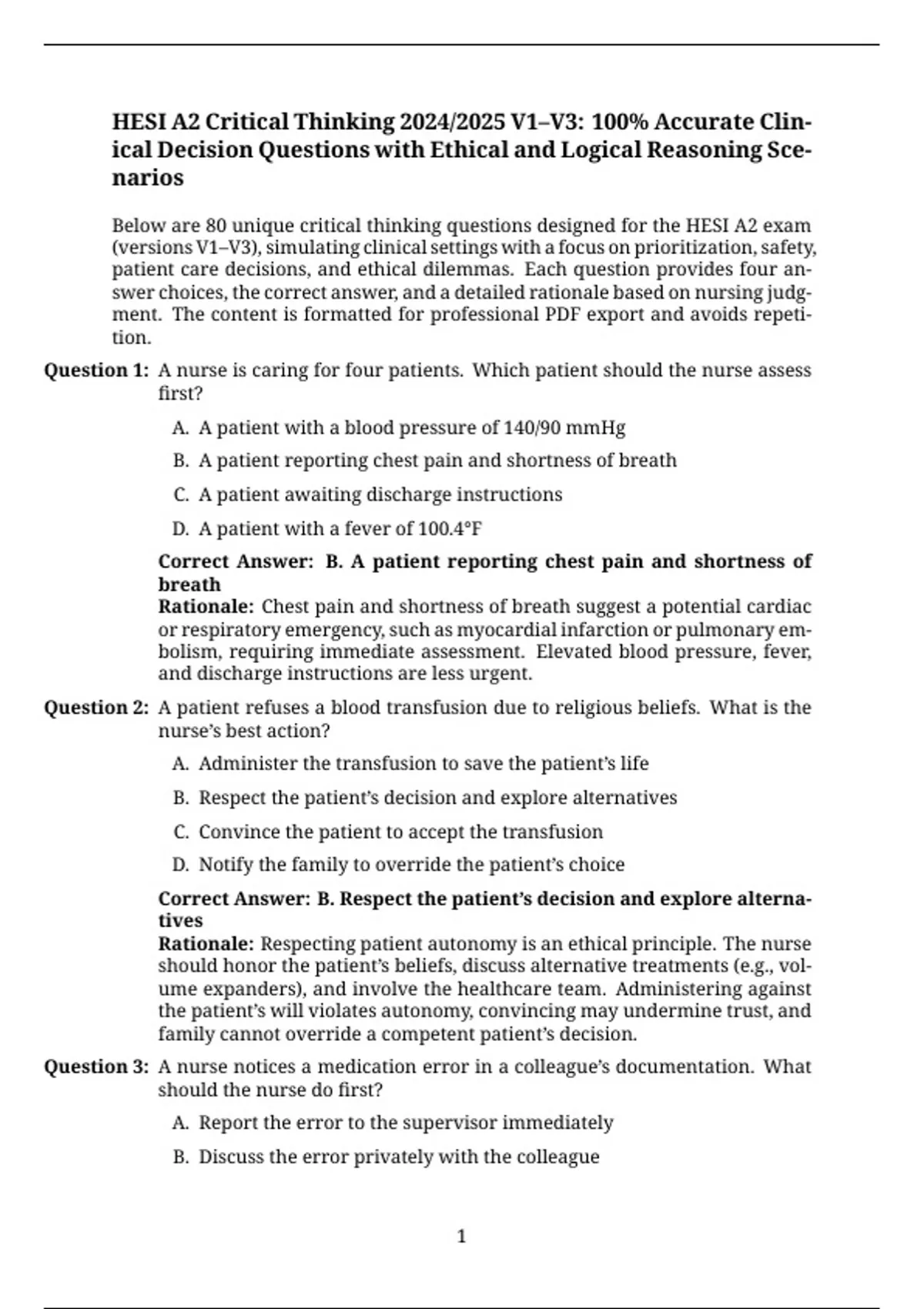 HESI A2 Critical Thinking 2024/2025 V1–V3: 100% Accurate Clinical ...