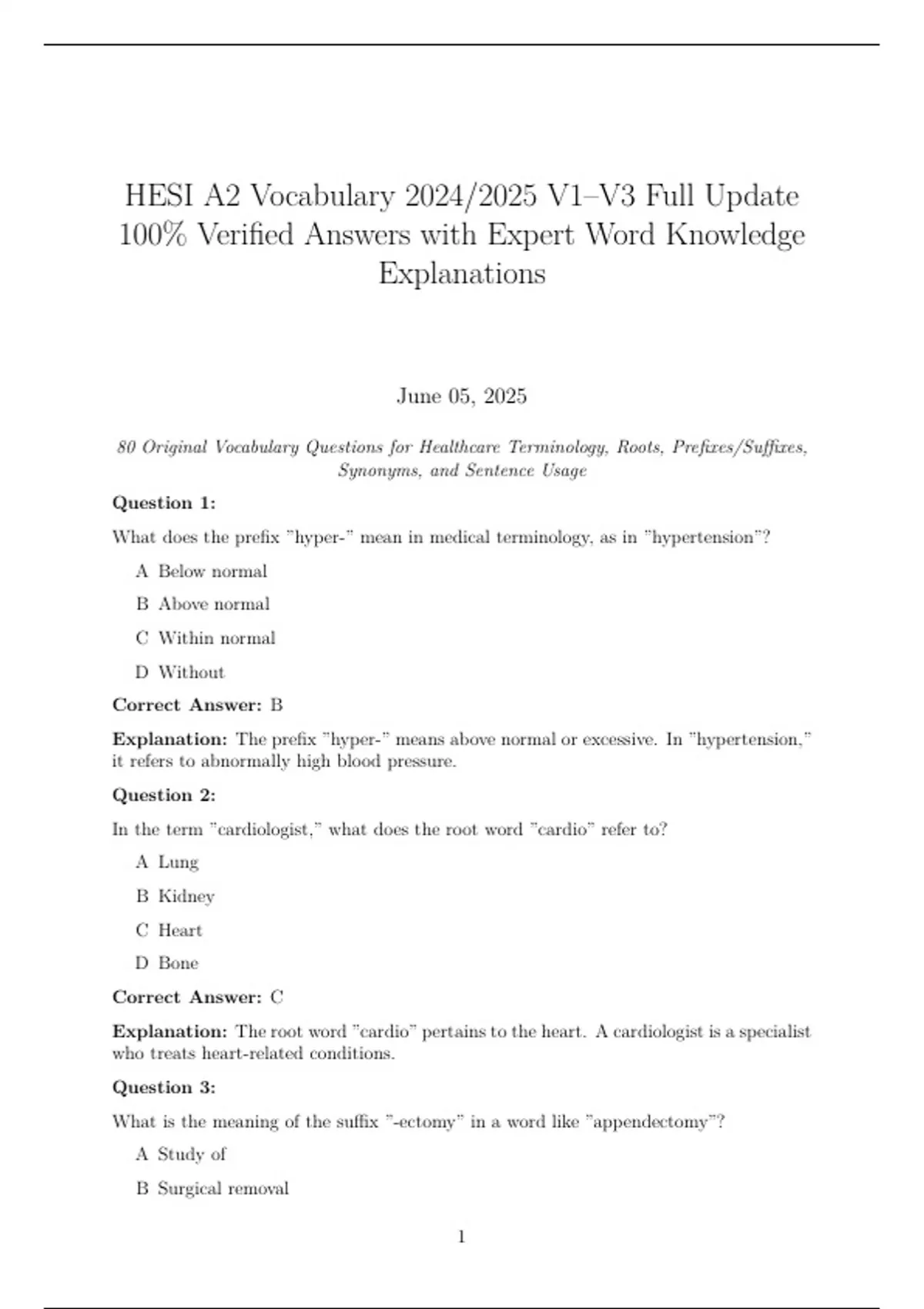 HESI A2 Vocabulary 2024/2025 V1–V3 Full Update 100% Verified Answers ...