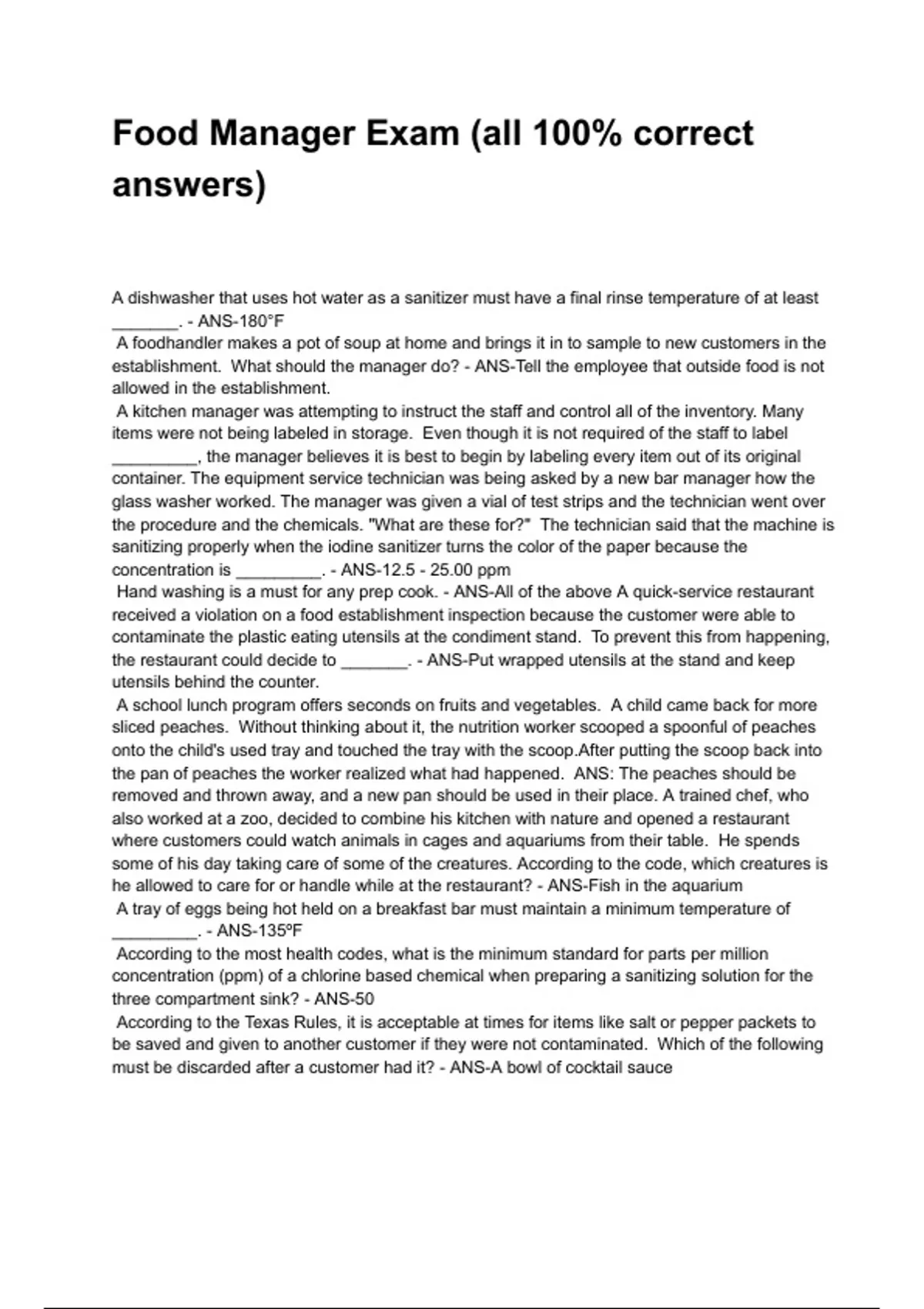 Food Manager Exam (all 100% correct answers) QUESTIONS AND CORRECT ...