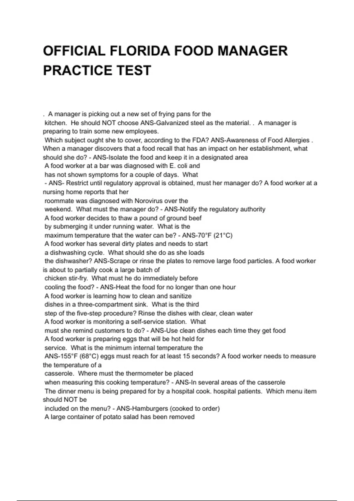 OFFICIAL FLORIDA FOOD MANAGER PRACTICE TEST QUESTIONS AND CORRECT ...