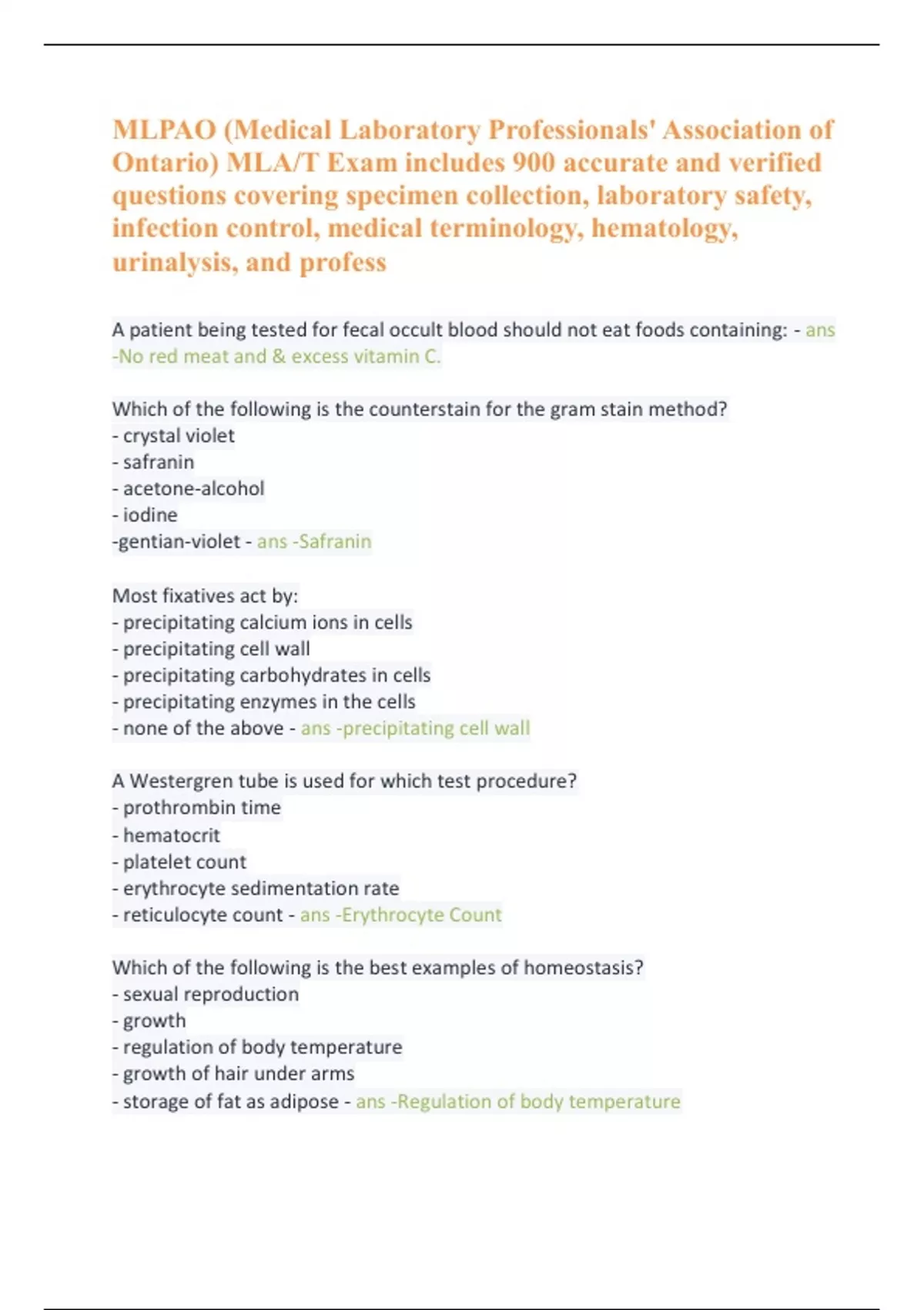 MLPAO (Medical Laboratory Professionals' Association of Ontario) MLA/T ...