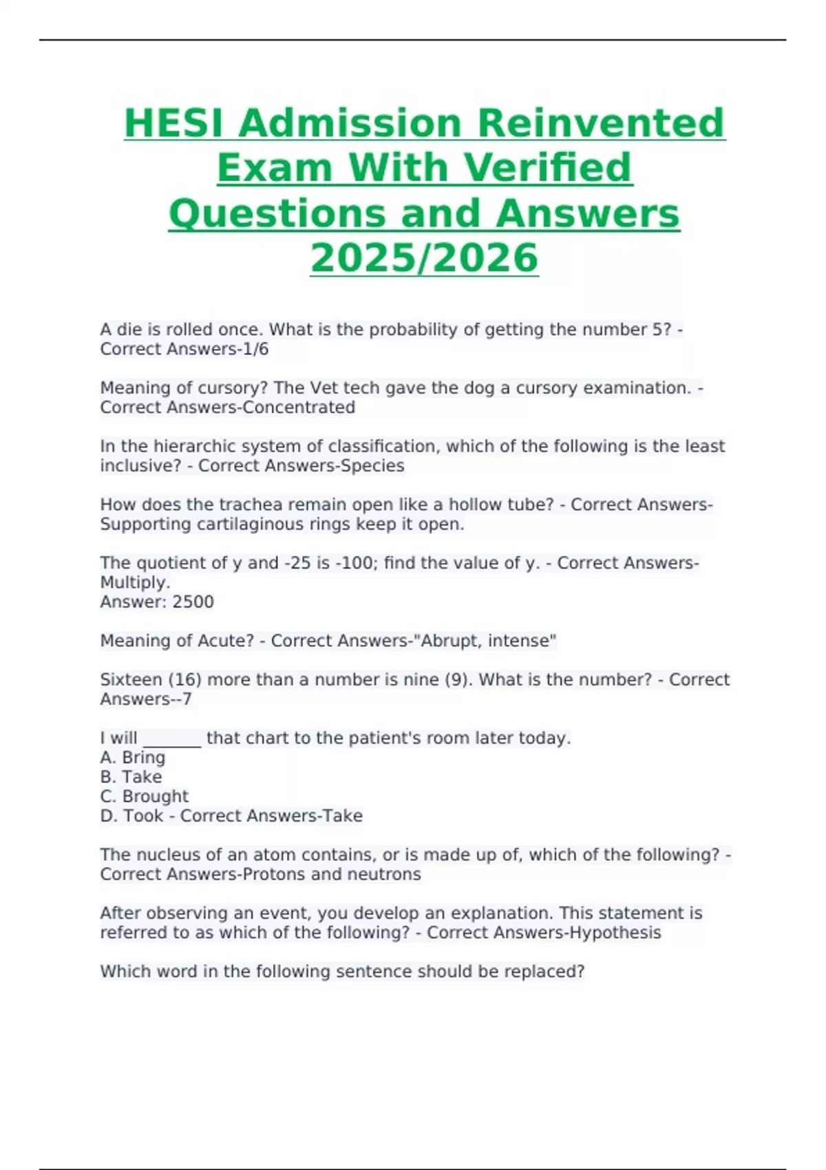 HESI Admission Exam – Reinvented Version with Verified Questions and ...