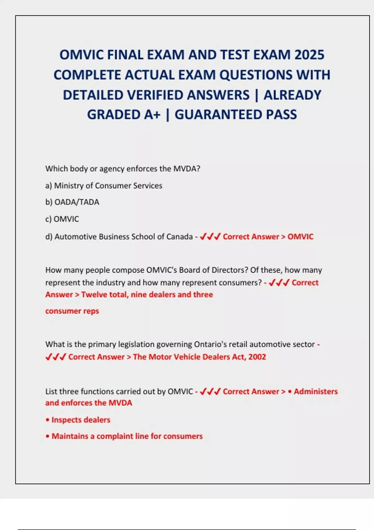 OMVIC FINAL EXAM AND TEST EXAM 2025 COMPLETE ACTUAL EXAM QUESTIONS WITH ...