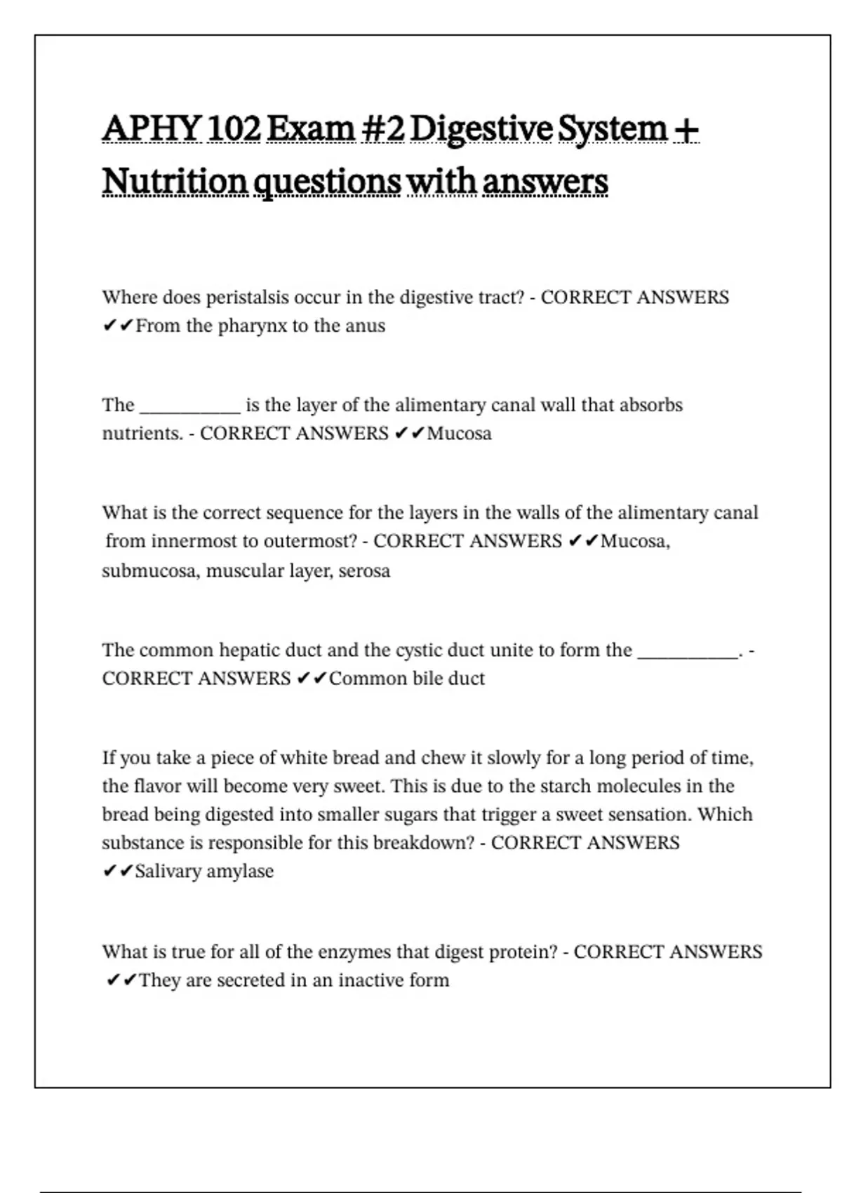 APHY 102 Exam -2 Digestive System + Nutrition questions with answers ...