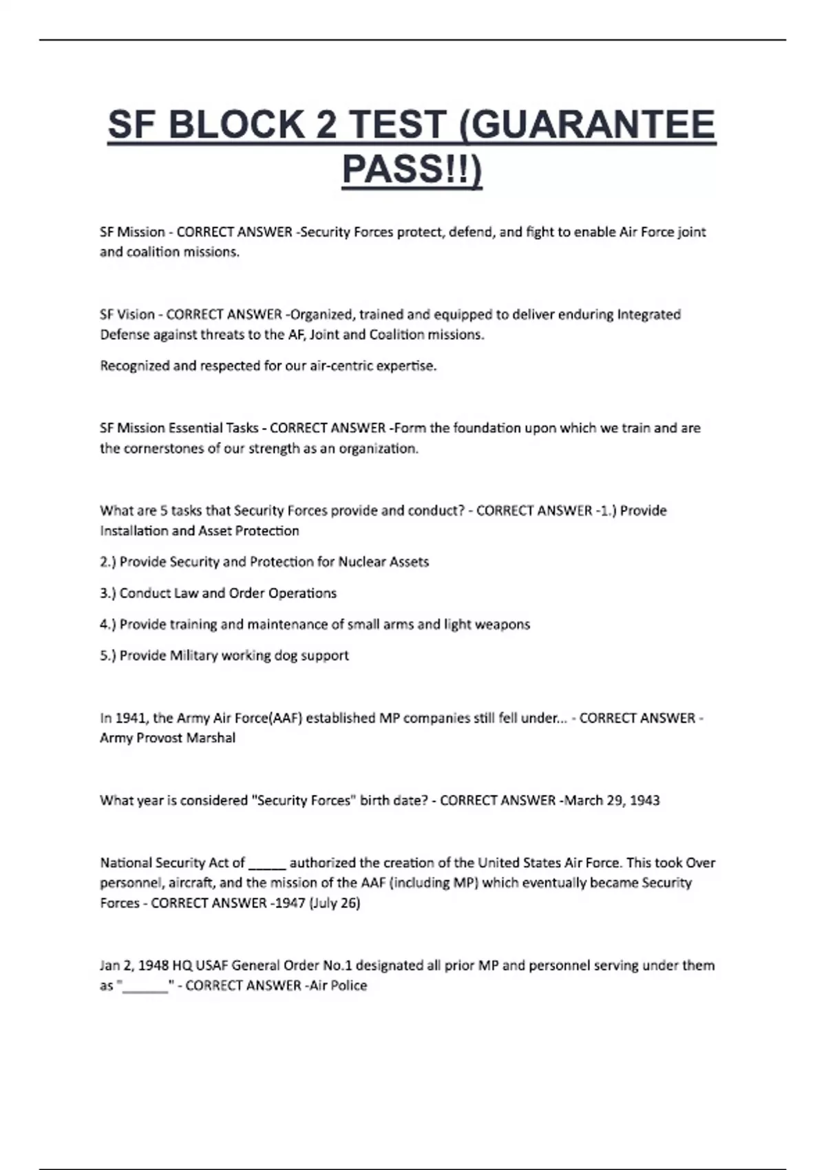 SF BLOCK 2 TEST (GUARANTEE PASS!!) - SECURITY FORCES BLOCK - Stuvia US