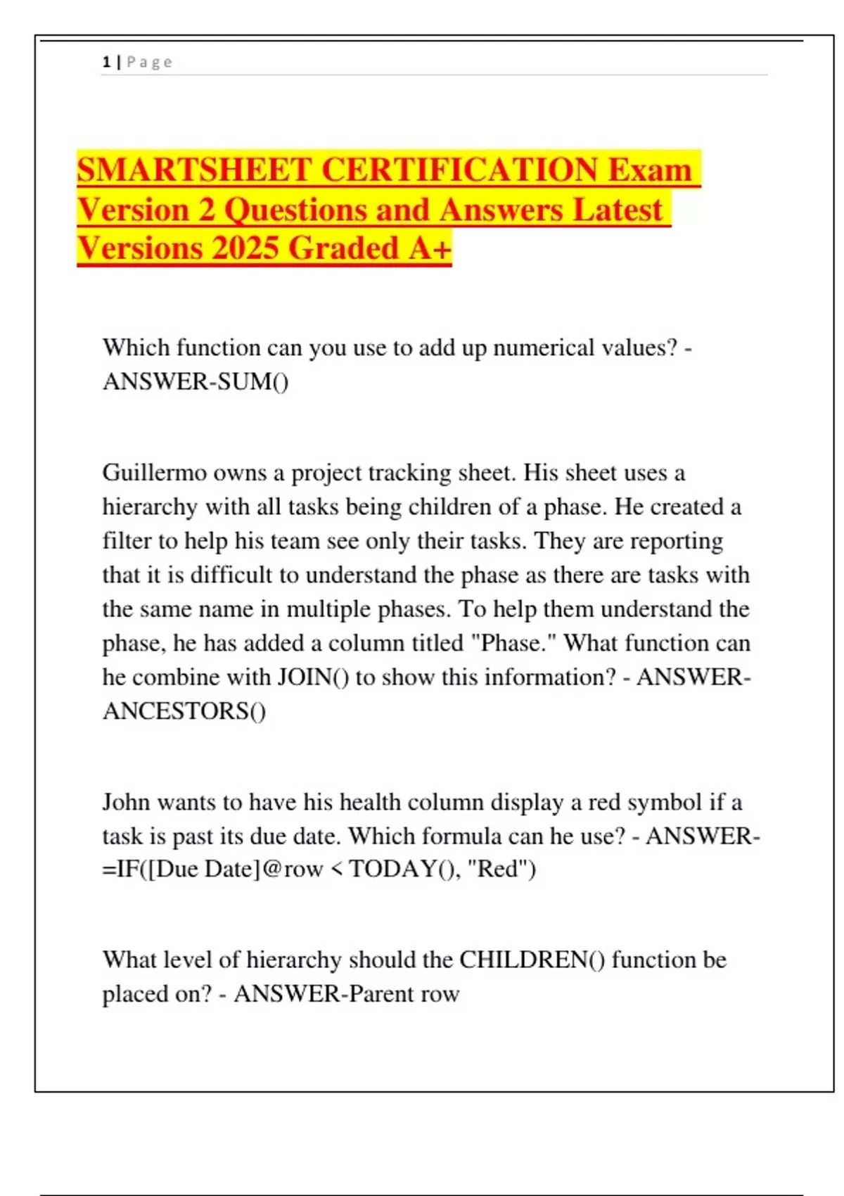 SMARTSHEET CERTIFICATION Exam Version 2 Questions and Answers Latest ...