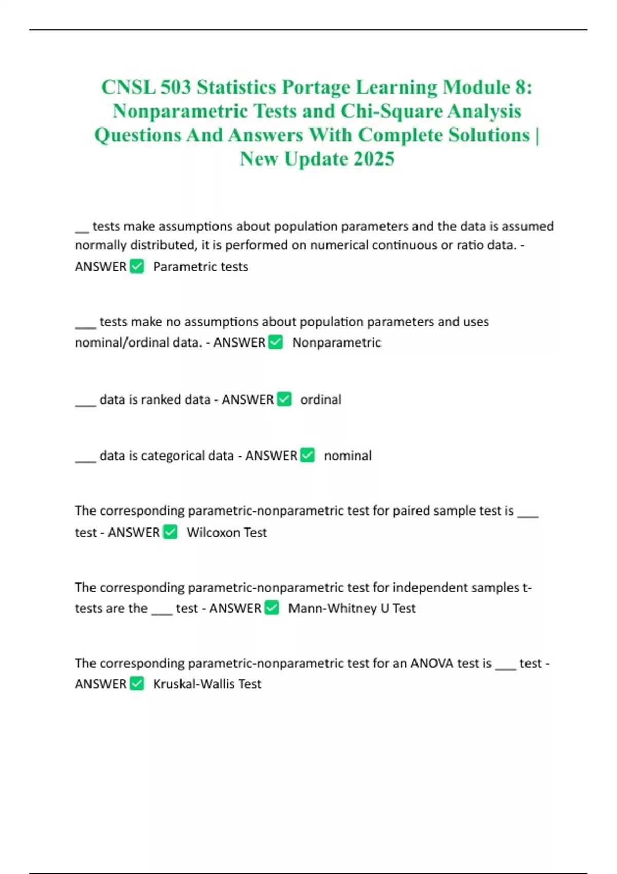 CNSL 503 Statistics Portage Learning Module 8: Nonparametric Tests and ...