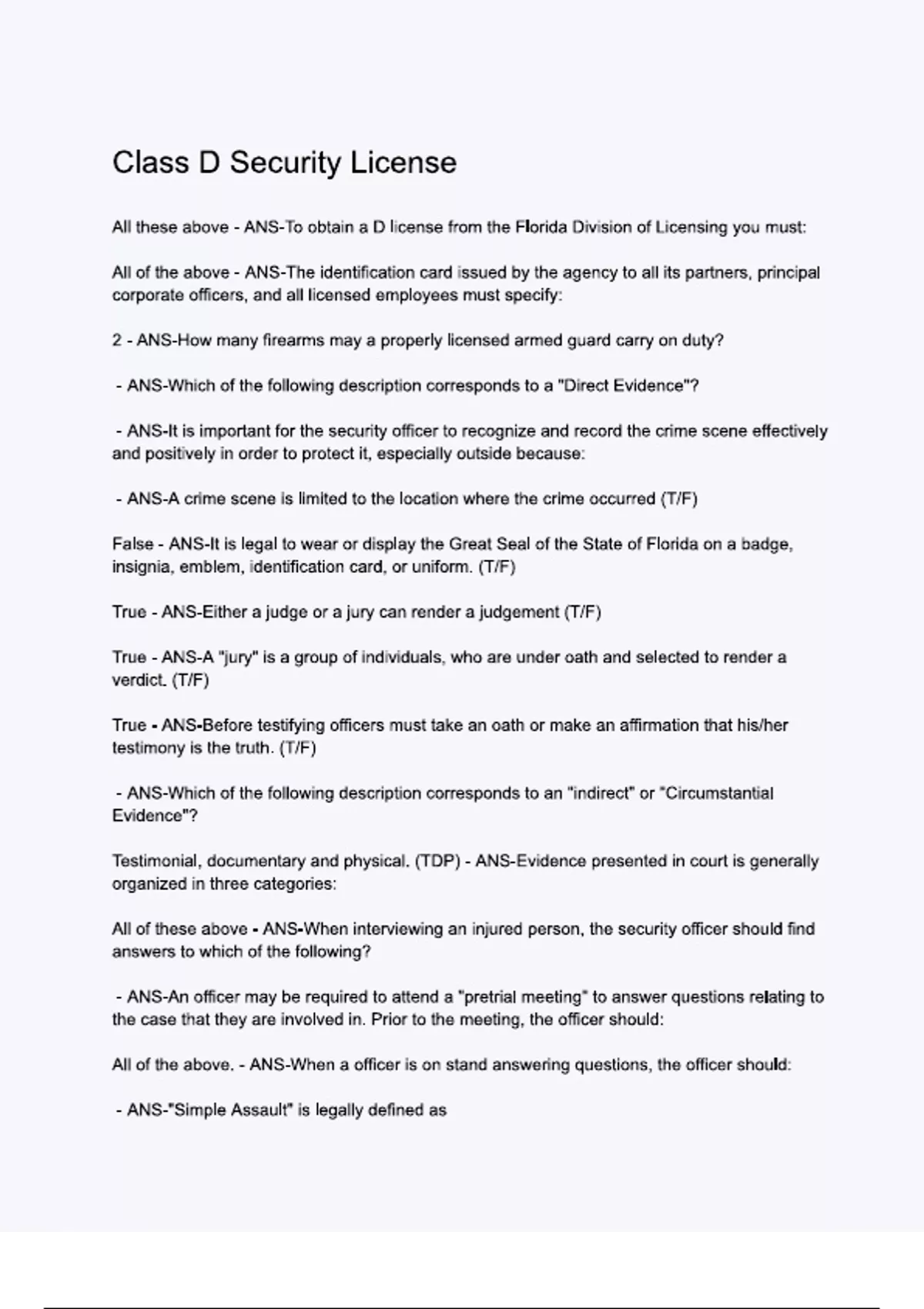 Class D Security License questions and answers : 100% Correct Solutions ...