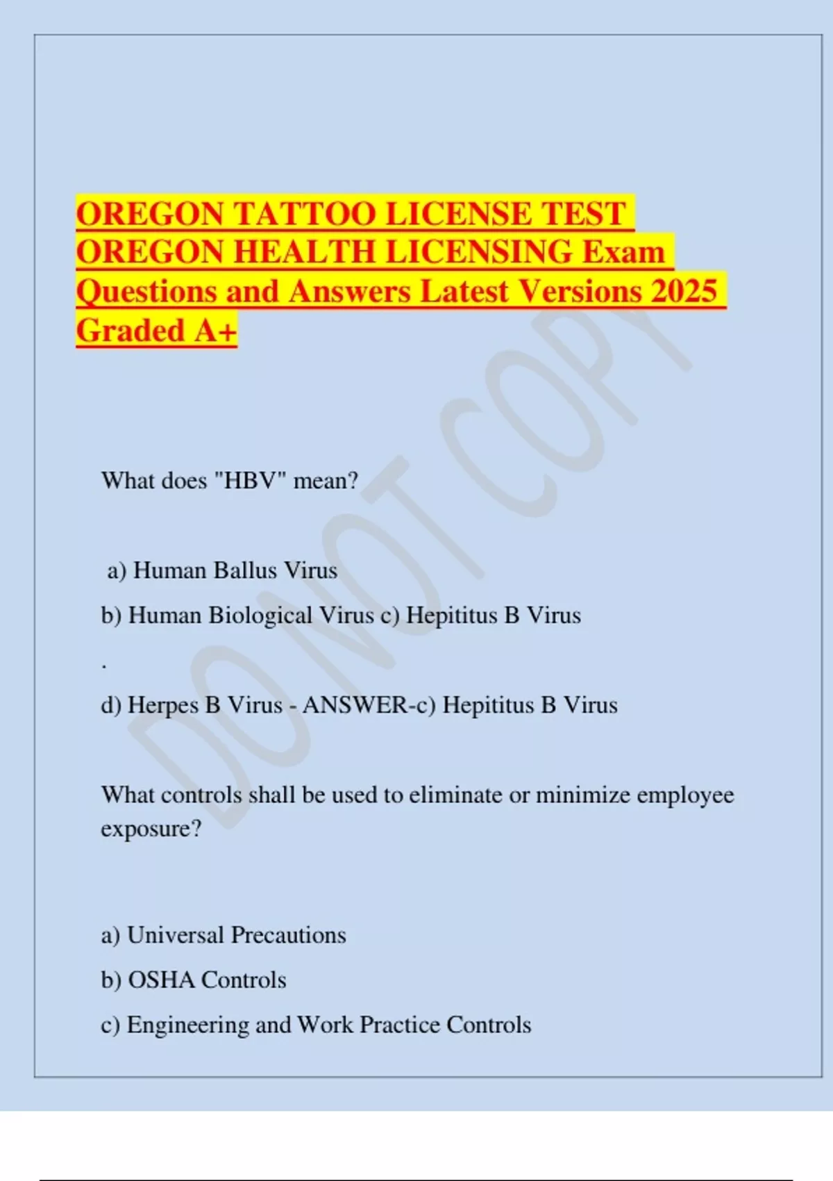 OREGON TATTOO LICENSE TEST OREGON HEALTH LICENSING Exam Questions and ...